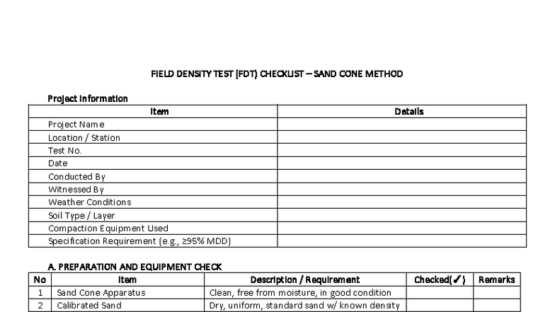 FDT Checklist: Sand Cone Method for Field Density Testing - Studocu