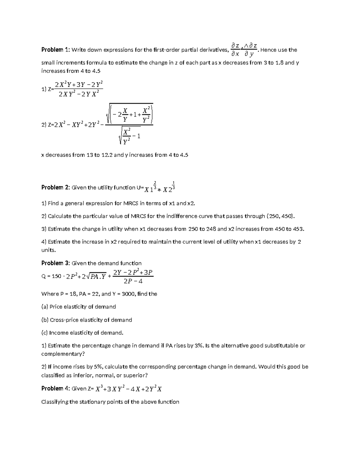 Math Chapter 5 Bài Tập: Partial Derivatives and Utility Functions - Studocu