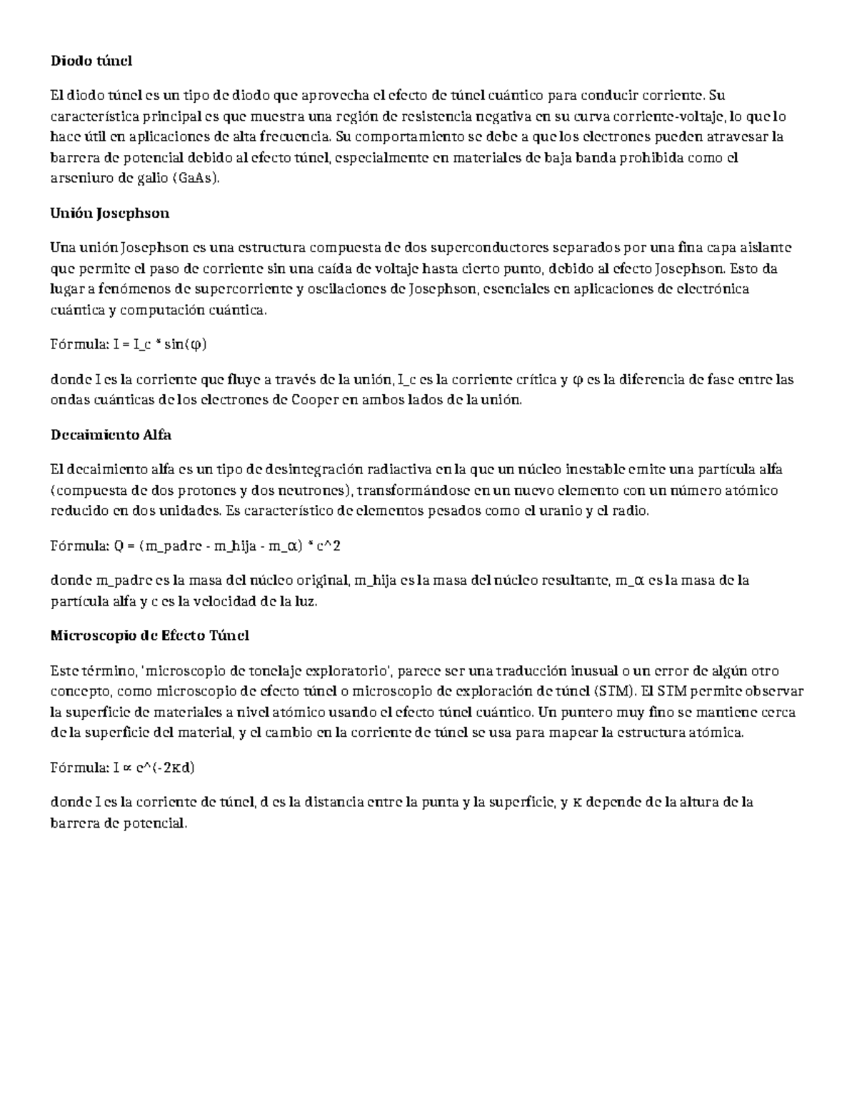 Temas de Física: Diodo Túnel, Unión Josephson y Decaimiento Alfa - Studocu