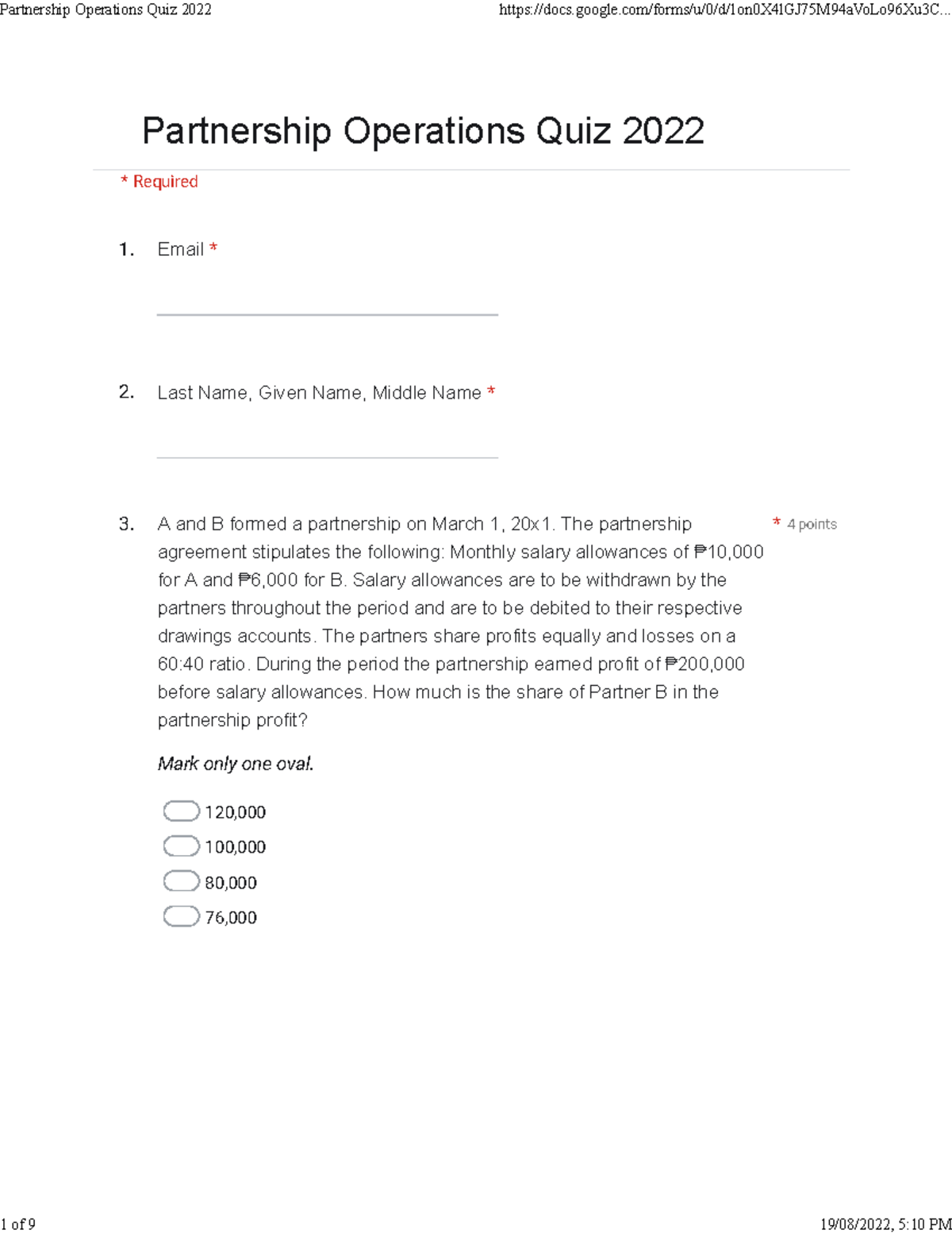 Partnership Operations Quiz 2022: Calculations & Profit Allocations ...