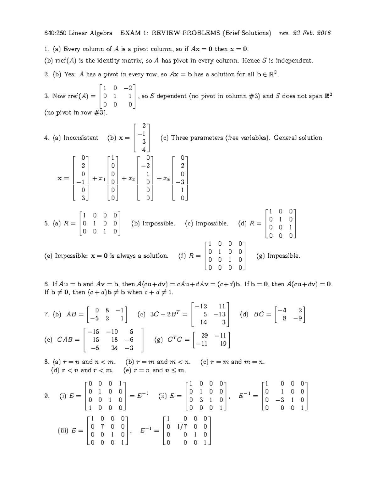 640:250 Linear Algebra Midterm 1 Review Problems with Solutions - Studocu