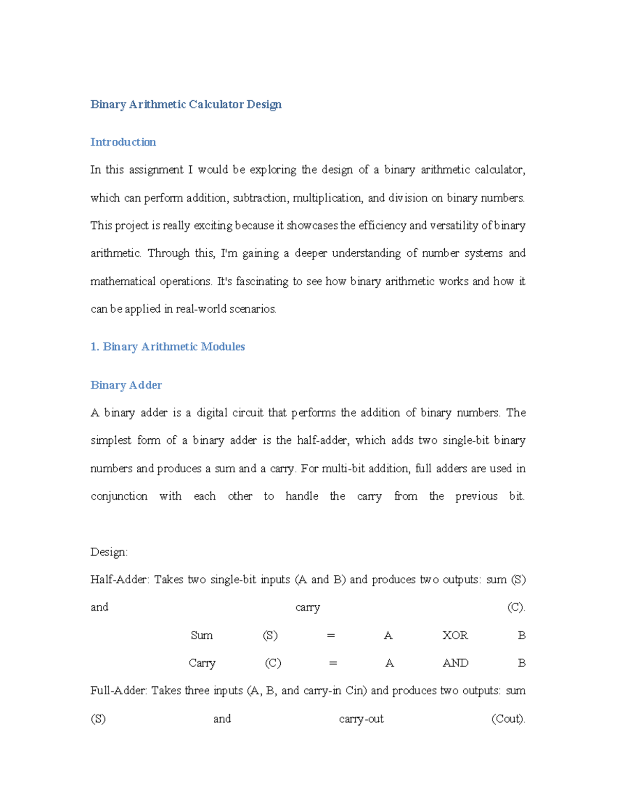 Binary Arithmetic Calculator Design - Binary Arithmetic Calculator ...