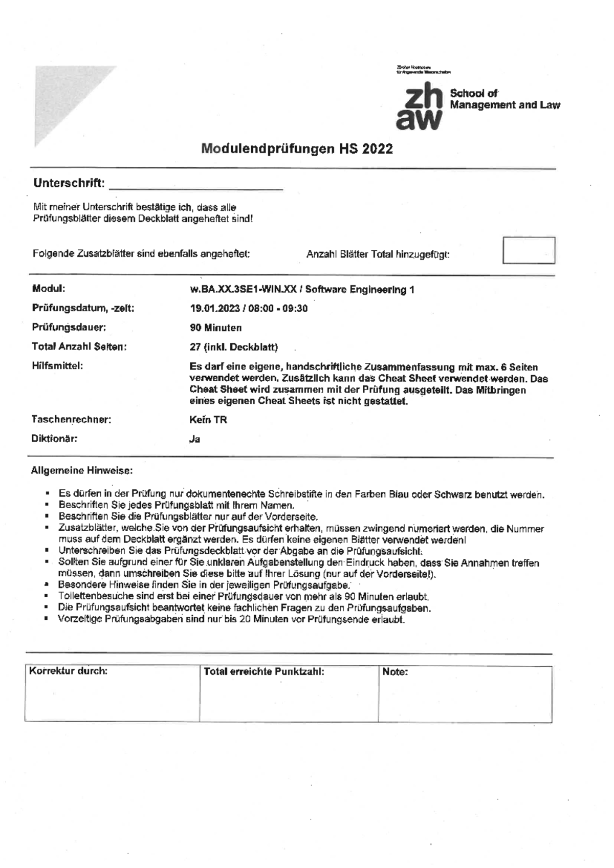 BA - Modulendprüfung HS 2022: Software Engineering 1 Prüfungsunterlagen ...