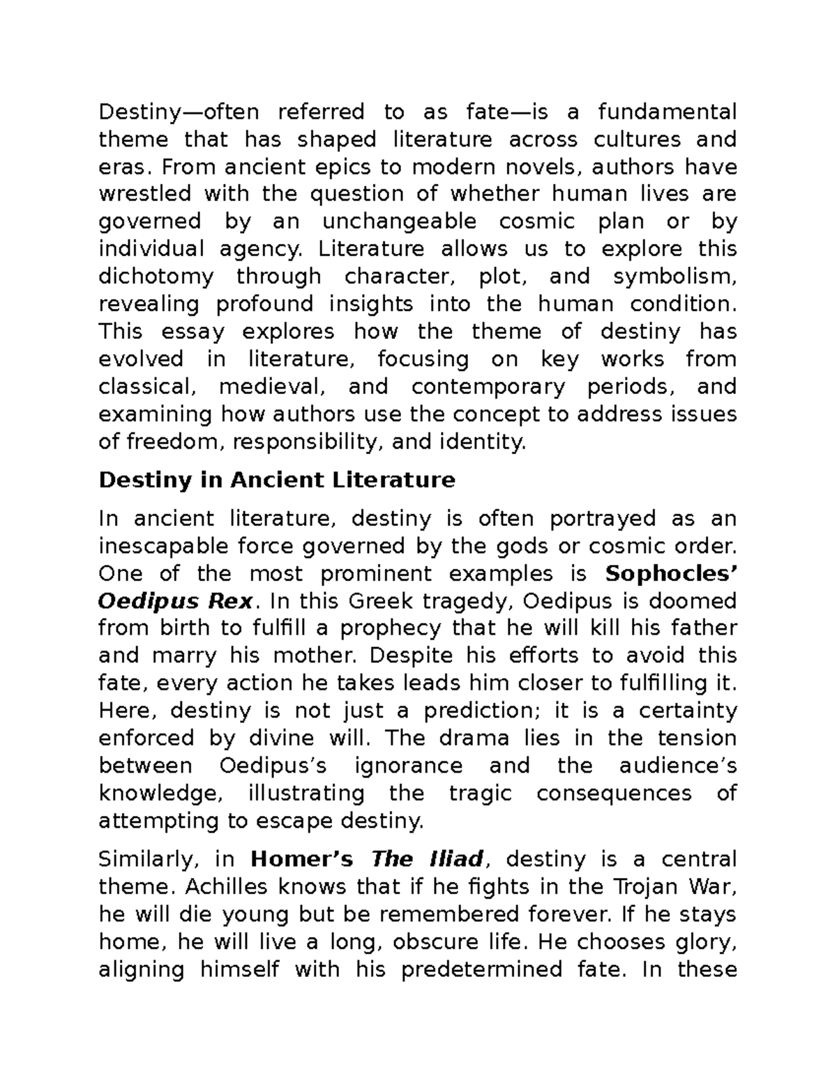 ENG 101 - Essay on Destiny in Literature: From Ancient to Modern Themes ...