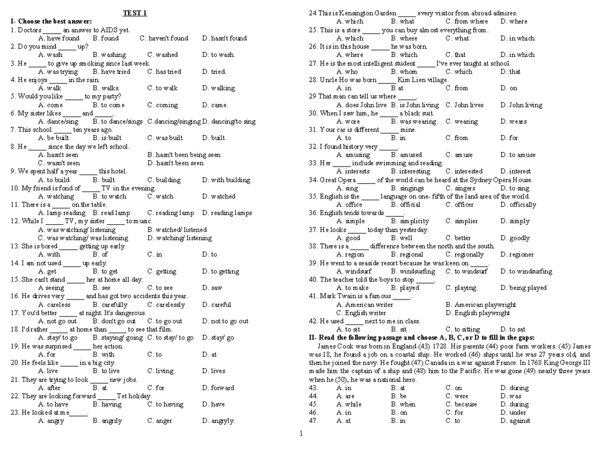 TEST 1: Multiple Choice Questions for Grade 10 Entrance Exam with ...
