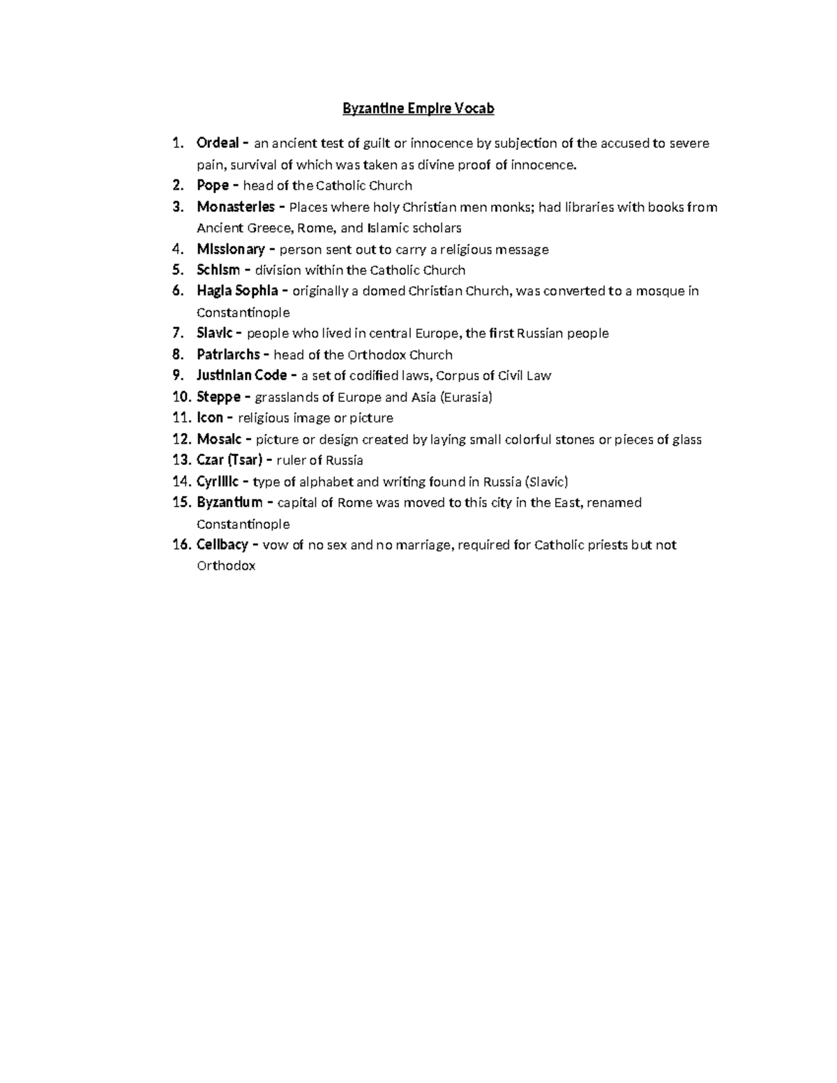 Byzantine Empire vocabulary notes for history class - Studocu