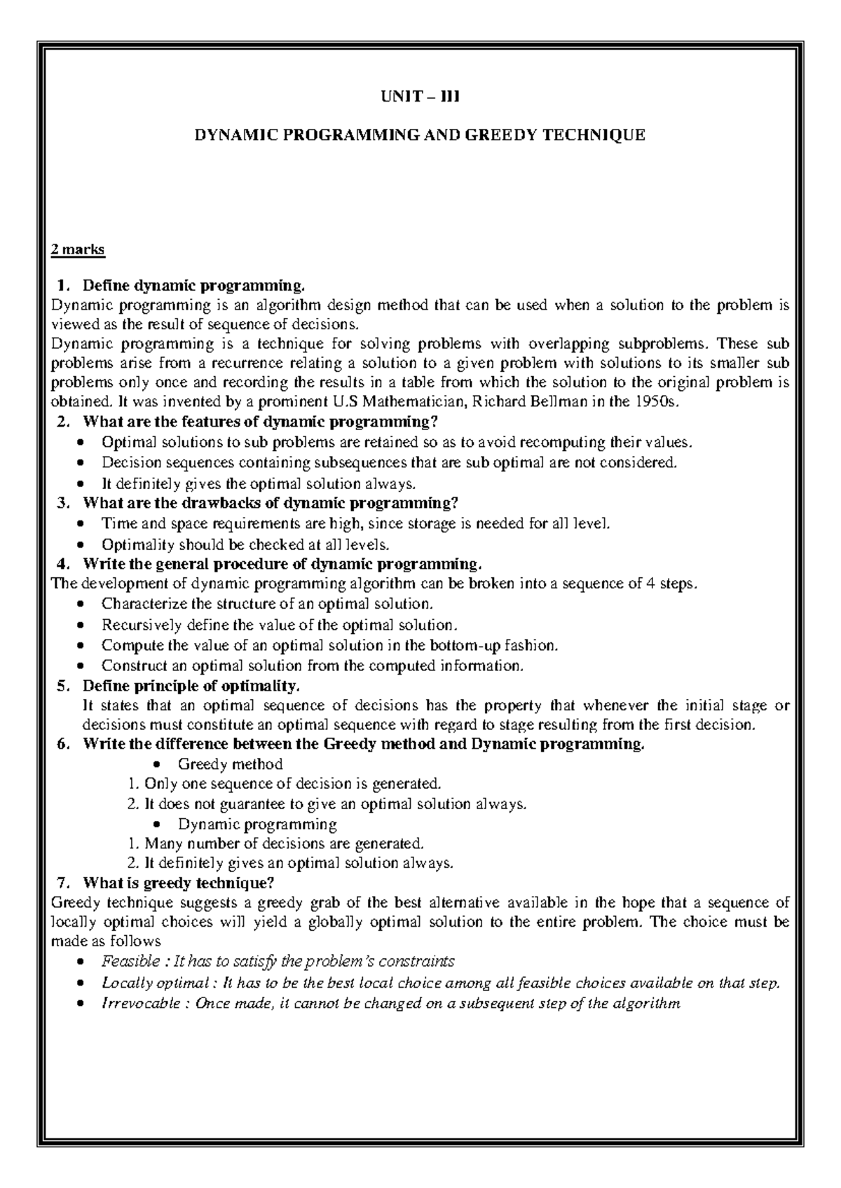 ADA BCS401 MOD 3 Dynamic Programming & Greedy Techniques Notes - Studocu
