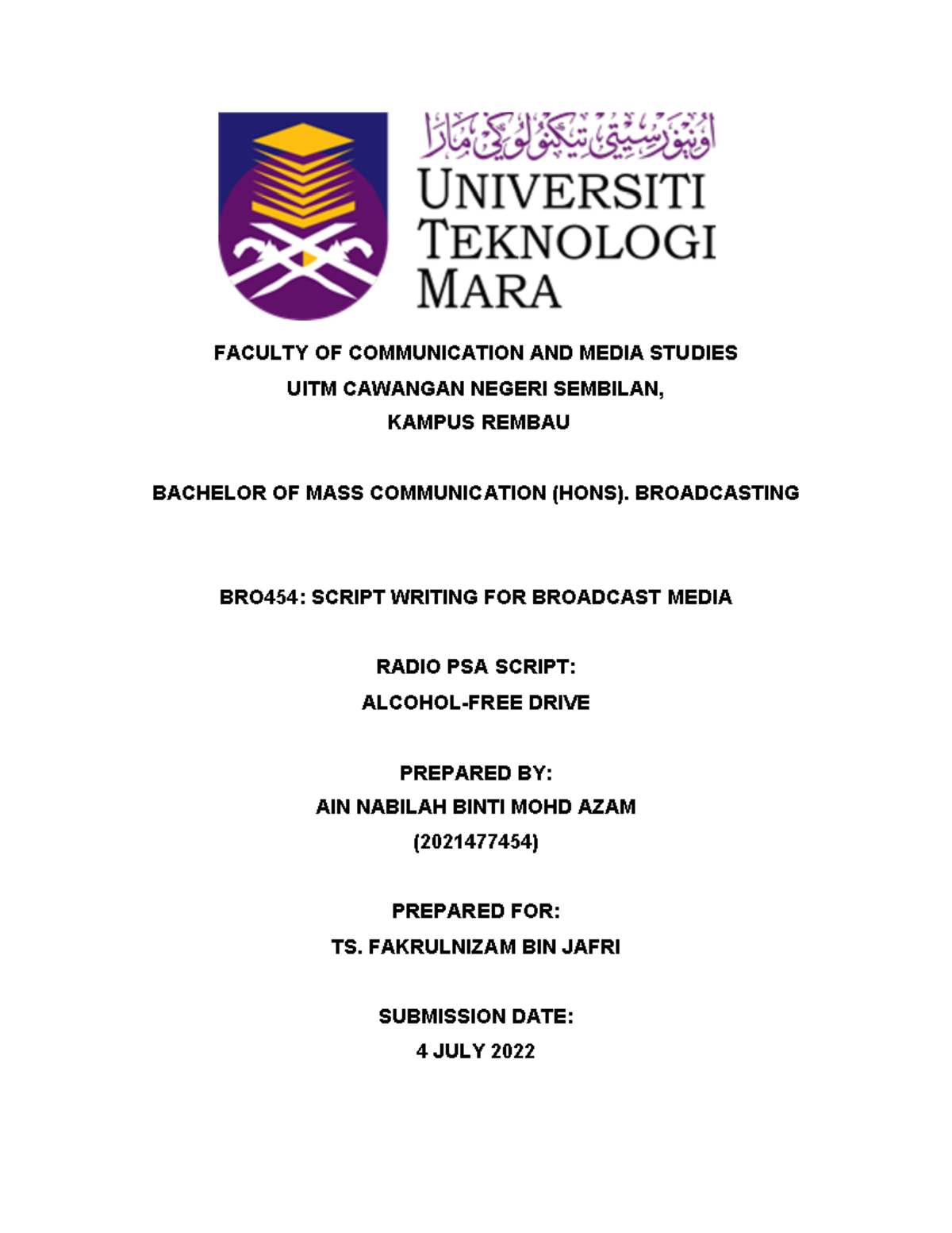 Radio PSA Script for Alcohol-Free Drive - BRO454 - Studocu