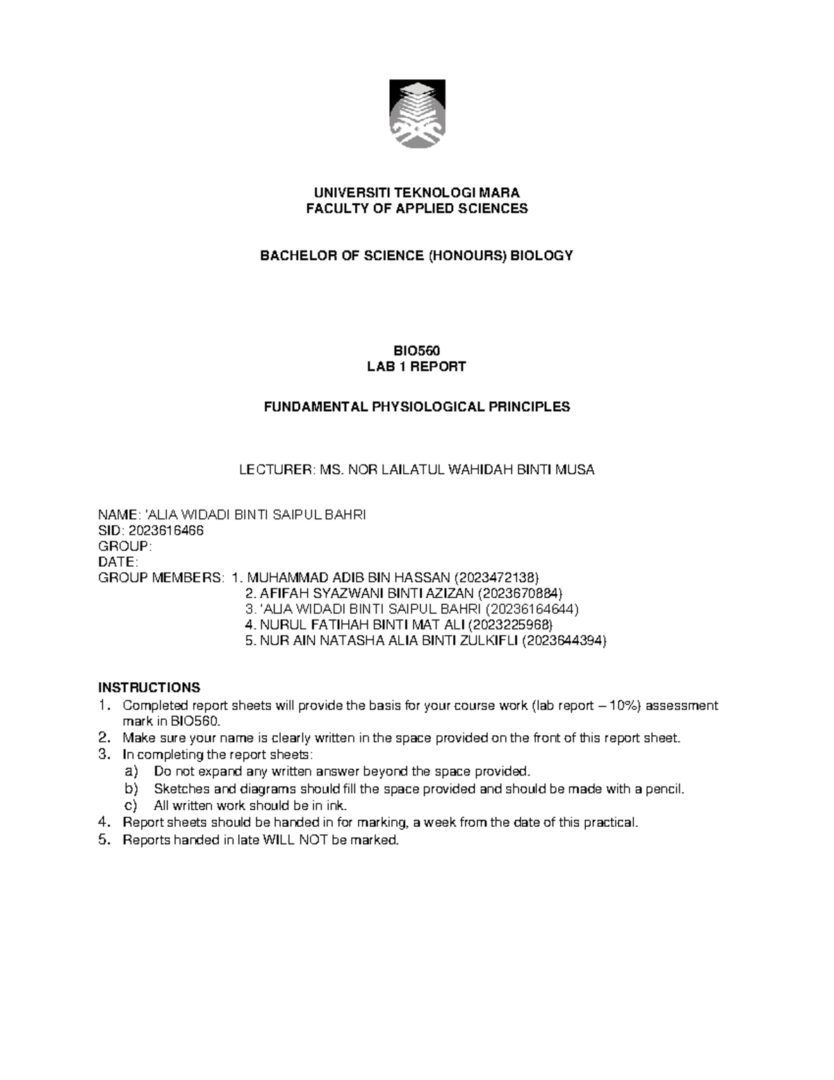 LAB Report BIO560: Insulin Regulation of Blood Glucose Levels - Studocu