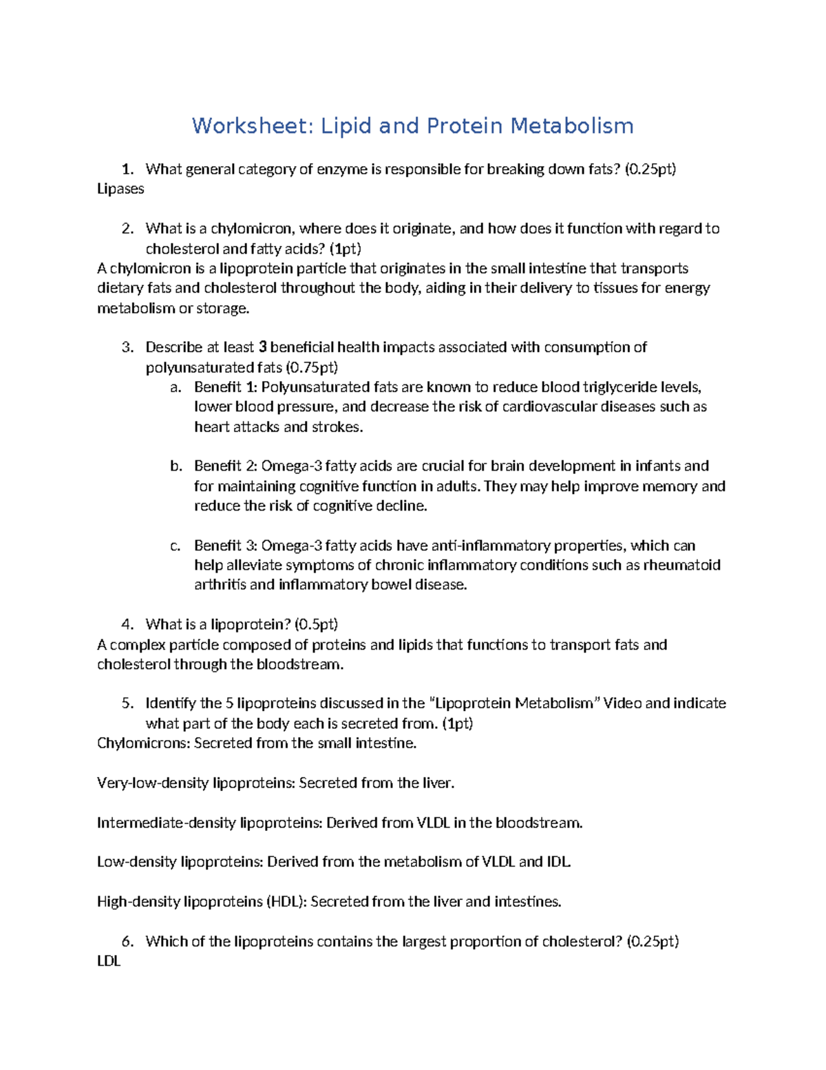 Lipid & Protein Metab: Key Concepts Worksheet for Biochemistry 101 ...