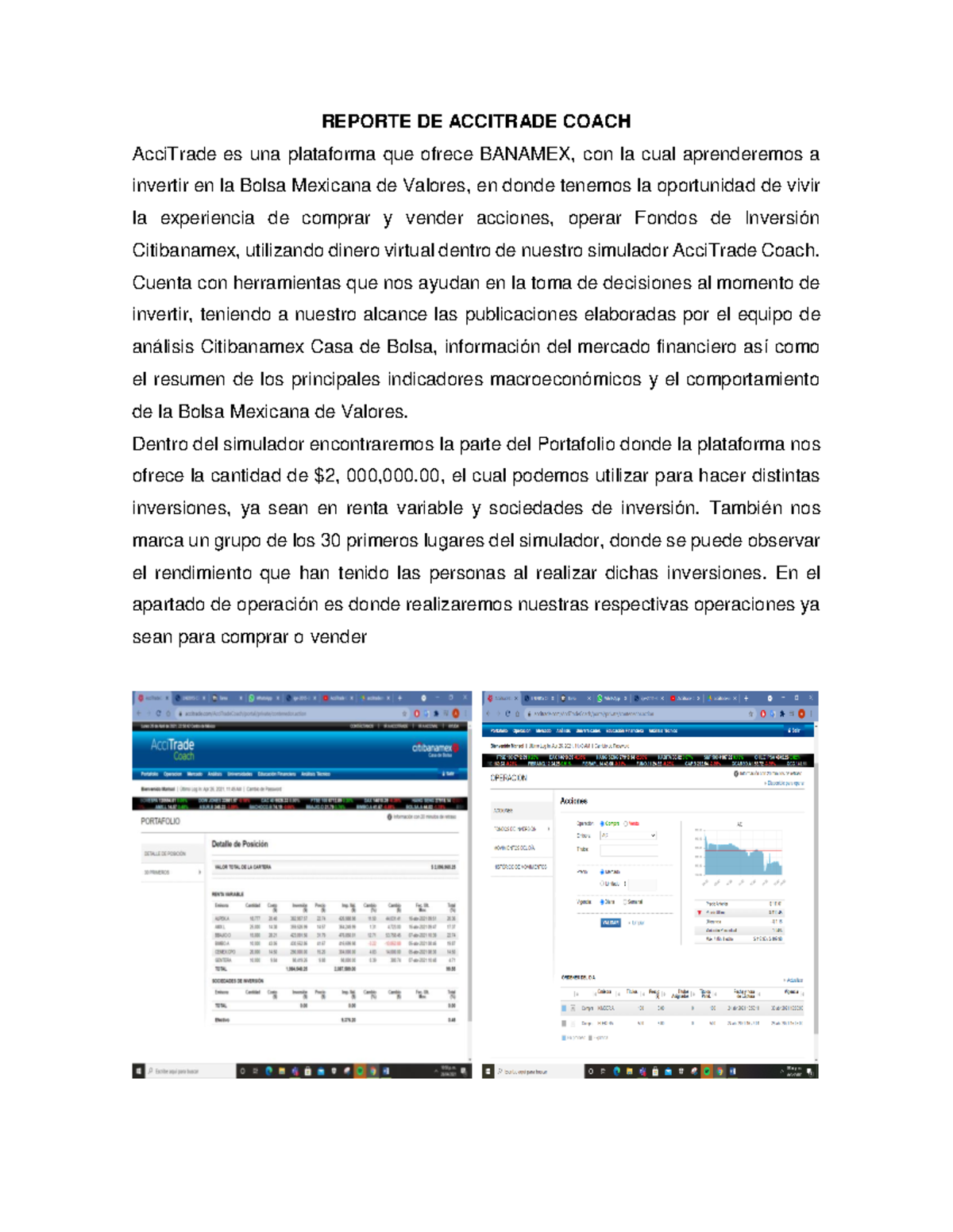 Reporte sobre AcciTrade Coach: Inversiones y Simulación Financiera - Studocu