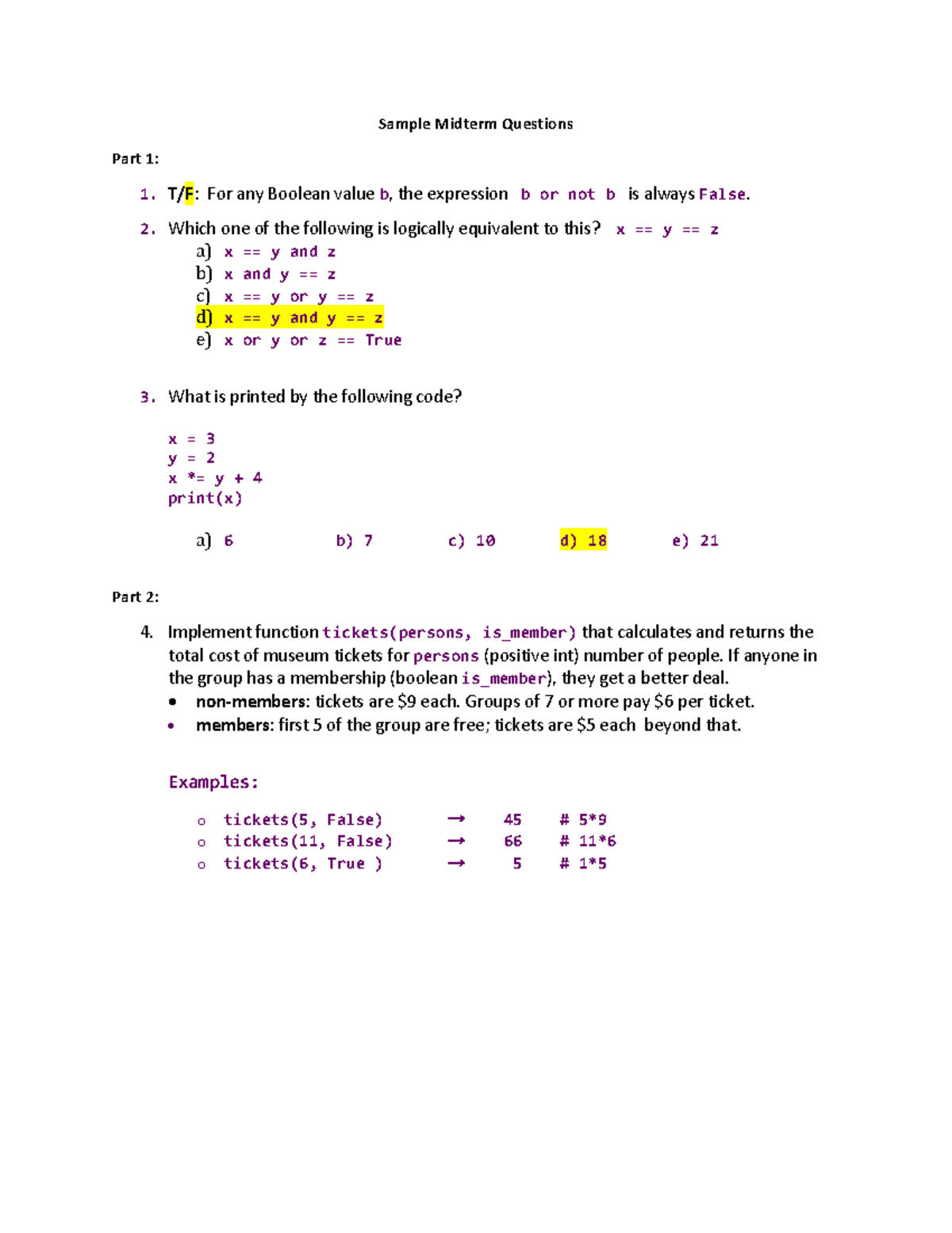 Microsoft Word - CS112Sample Midterm Questions Answer - Sample Midterm Questions Part 1: 1. T/F ...