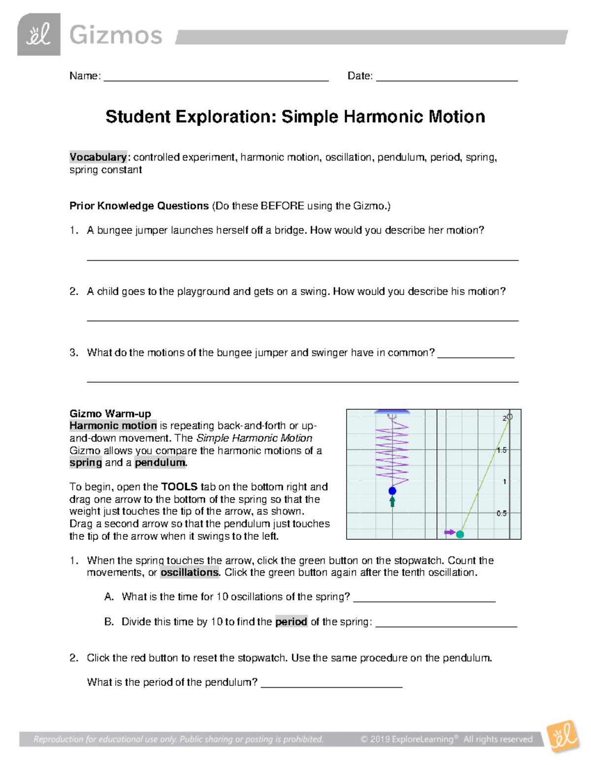 Simple Harmonic Motion SE - Name: ______________________________________ Date: - Studocu