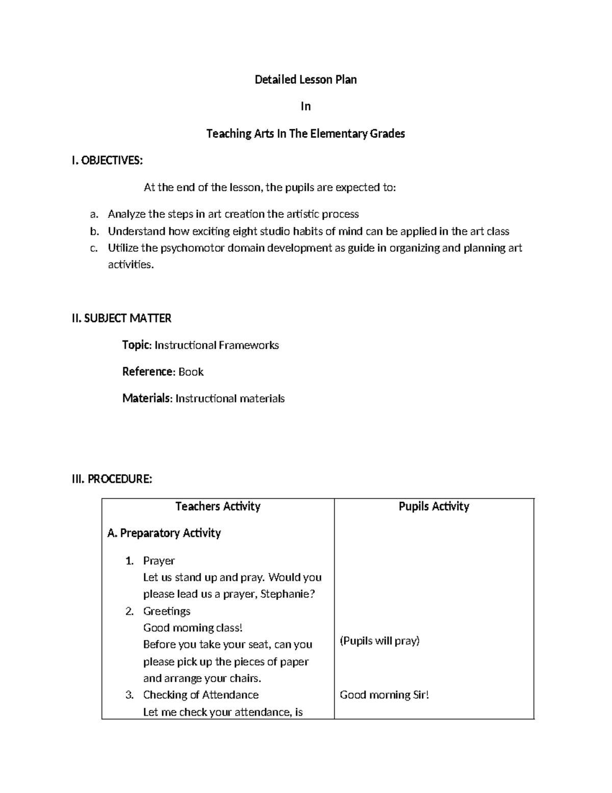 Lesson Plan: Teaching Arts in Elementary Grades - Jerry 033513 - Studocu