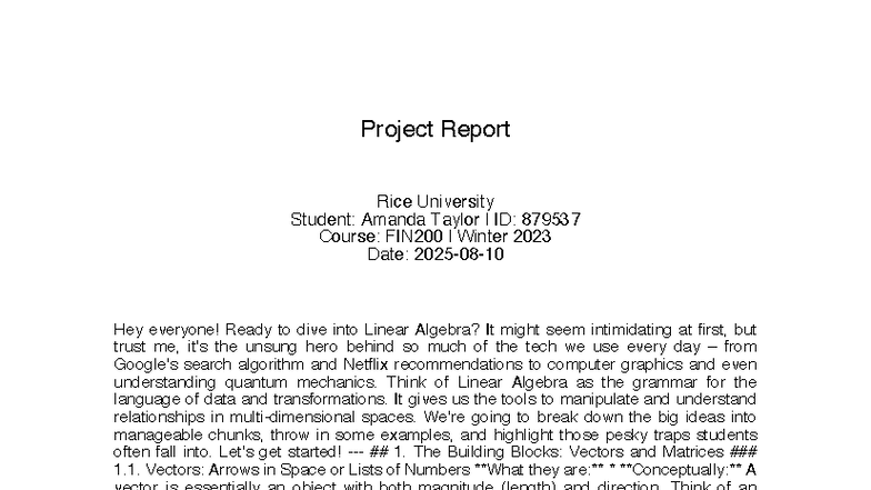 FIN200 Winter 2023: Linear Algebra Project Report Notes - Studocu