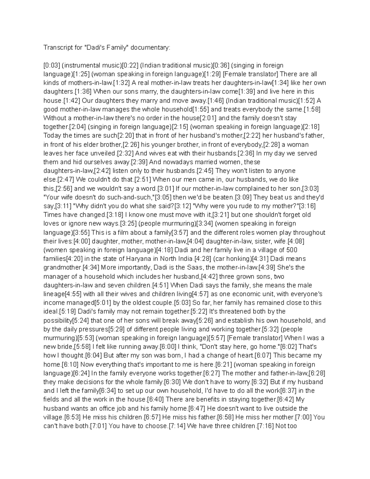 Dadi's Family Documentary Transcript: Roles & Relationships Explored ...