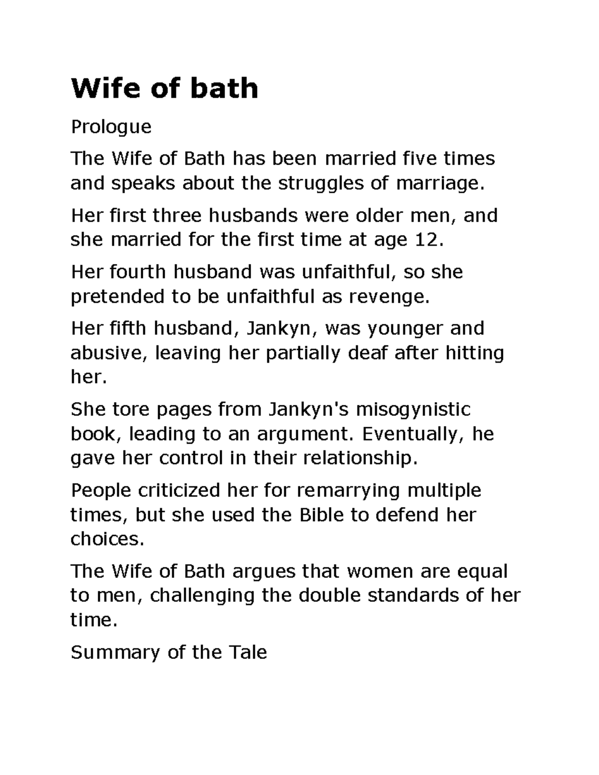 Wife of bath notes - Wife of bath Prologue The Wife of Bath has been ...