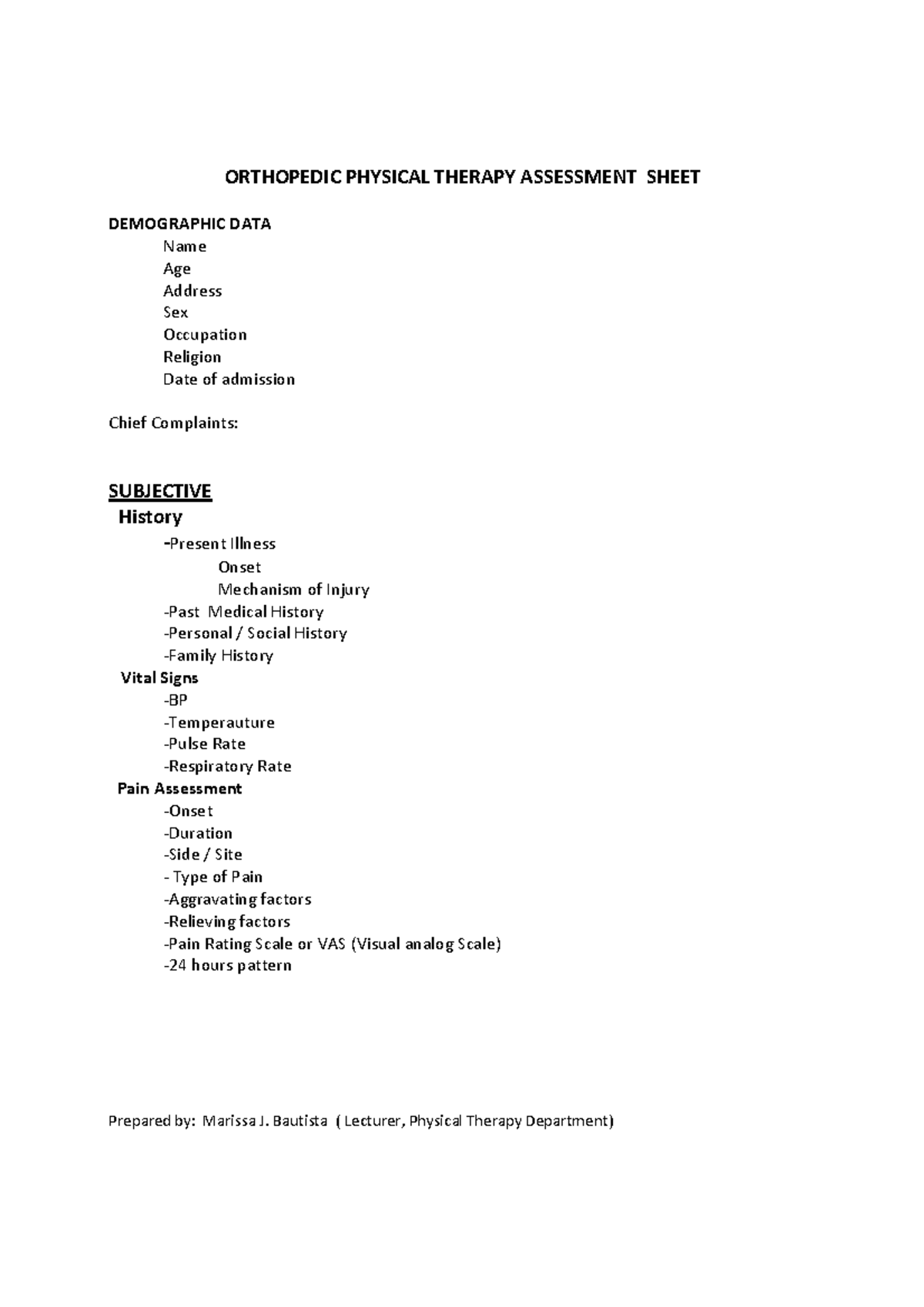 Orthopedic Physical Therapy Assessment Sheet (PT 101) - Jan 2013 - Studocu