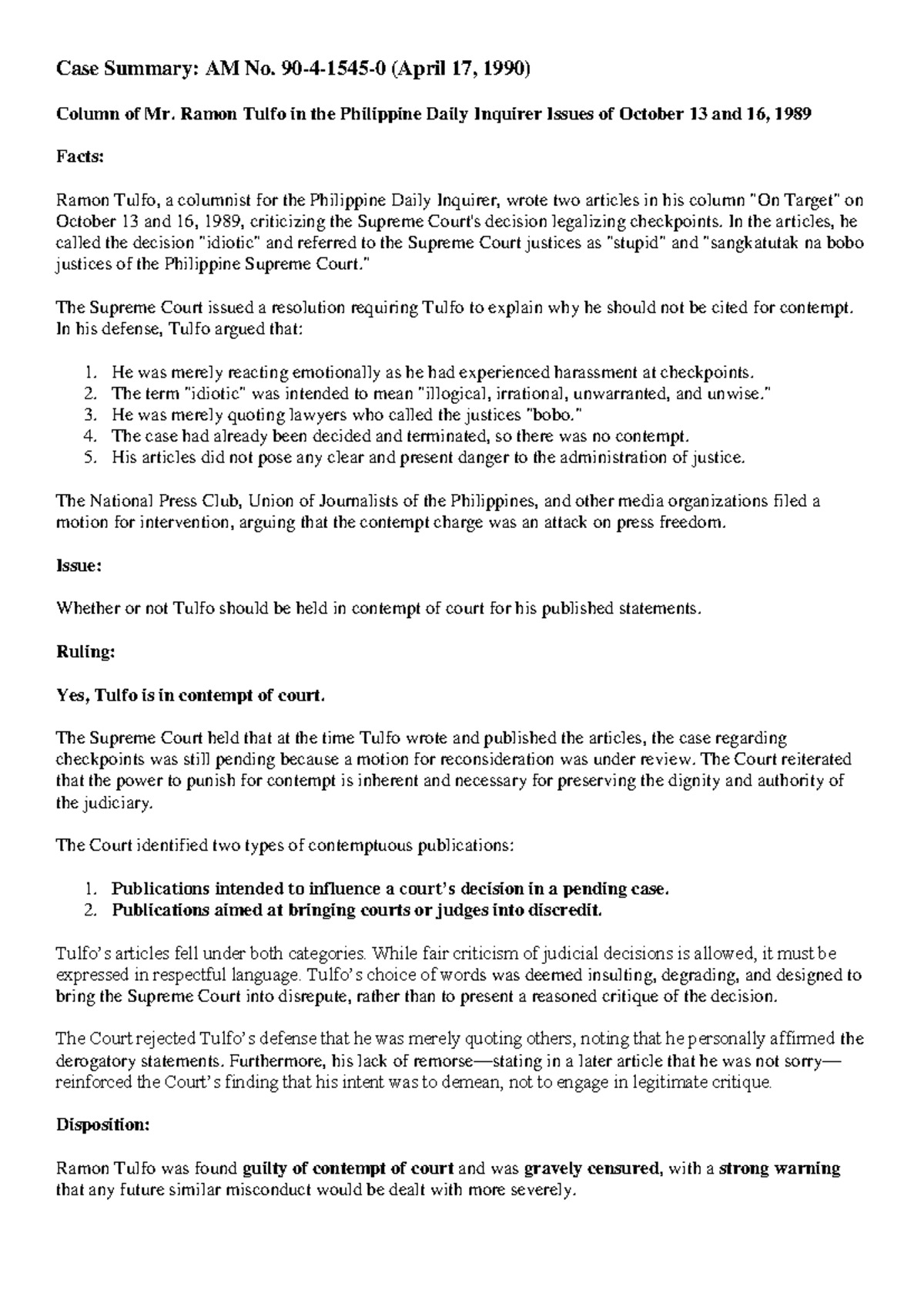 AM No. 90-4-1545-0 Case Digest: Ramon Tulfo's Contempt Ruling - Studocu
