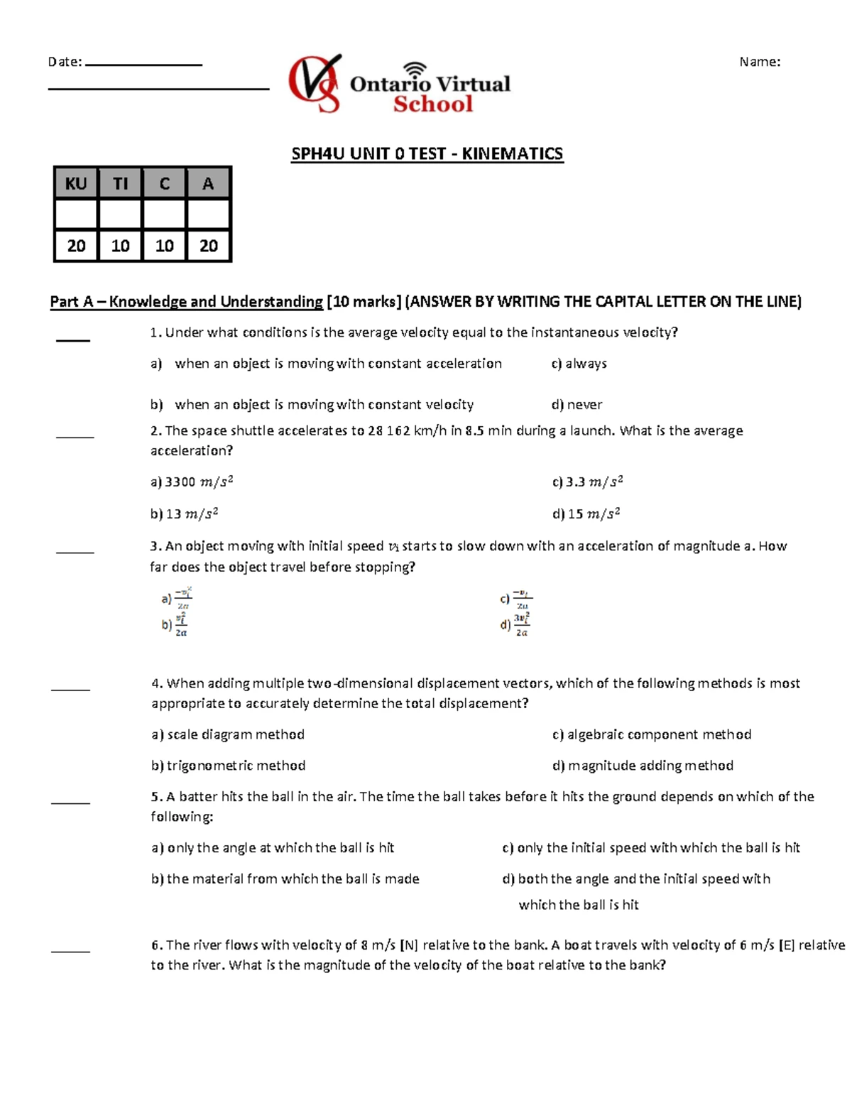 Unit test review - chapter 1 kinematics - Chapter 1: SELF QUIZ (pg 63 ...
