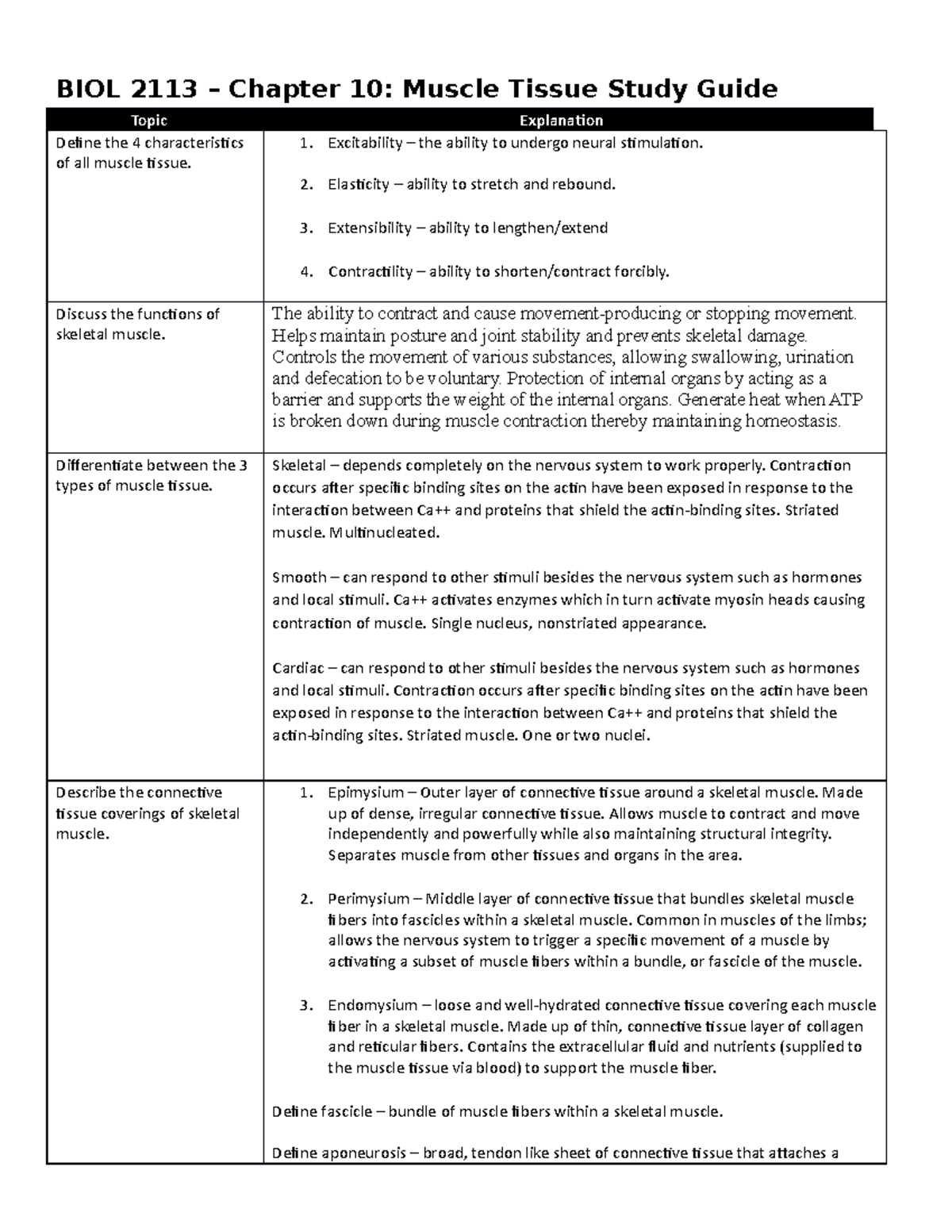 biol 2113 Ch10 study guide - BIOL 2113 – Chapter 10: Muscle Tissue ...