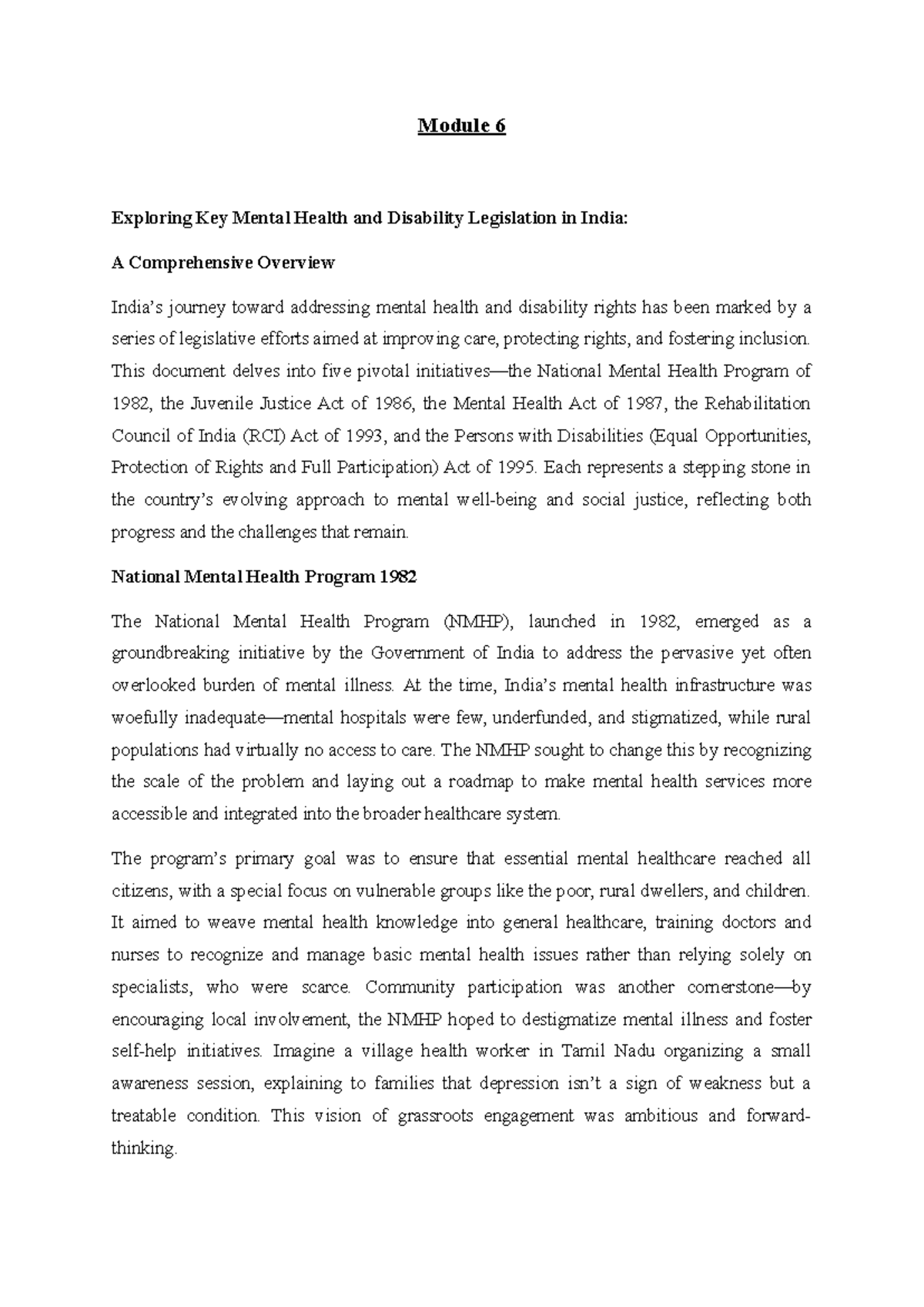 Module 6 Notes: Key Mental Health & Disability Legislation in India ...