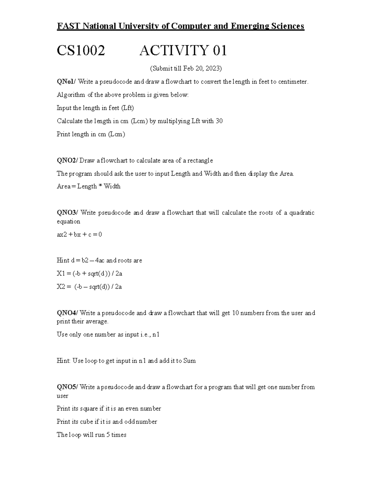 Activity no 1 - programming - FAST National University of Computer and Emerging Sciences CS1002 ...
