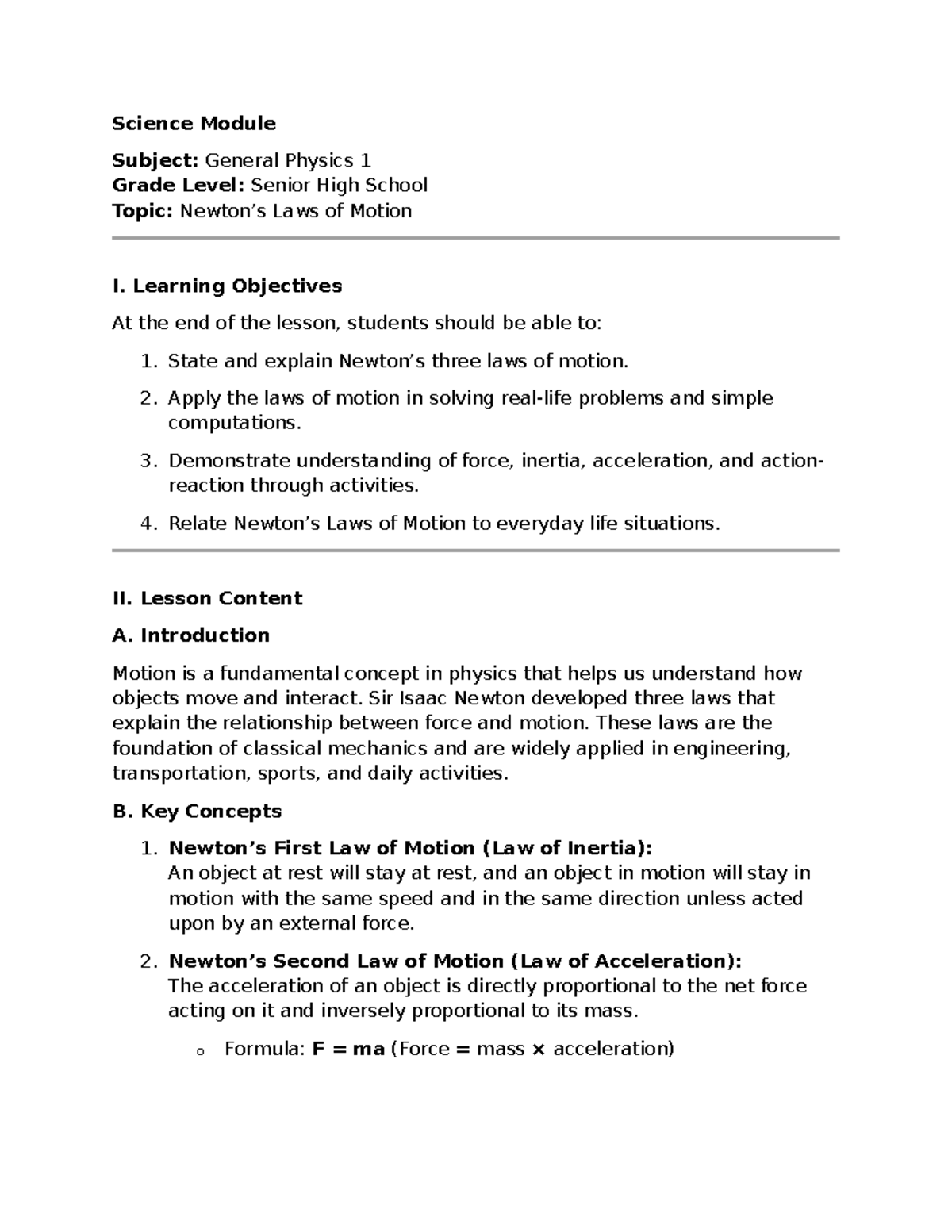 General Physics 1: Laws of Motion Lesson Notes for Seniors - Studocu