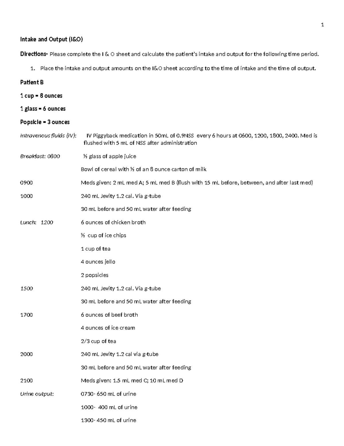 Intake and Output Activity for Patient B: I/O Calculation - Studocu