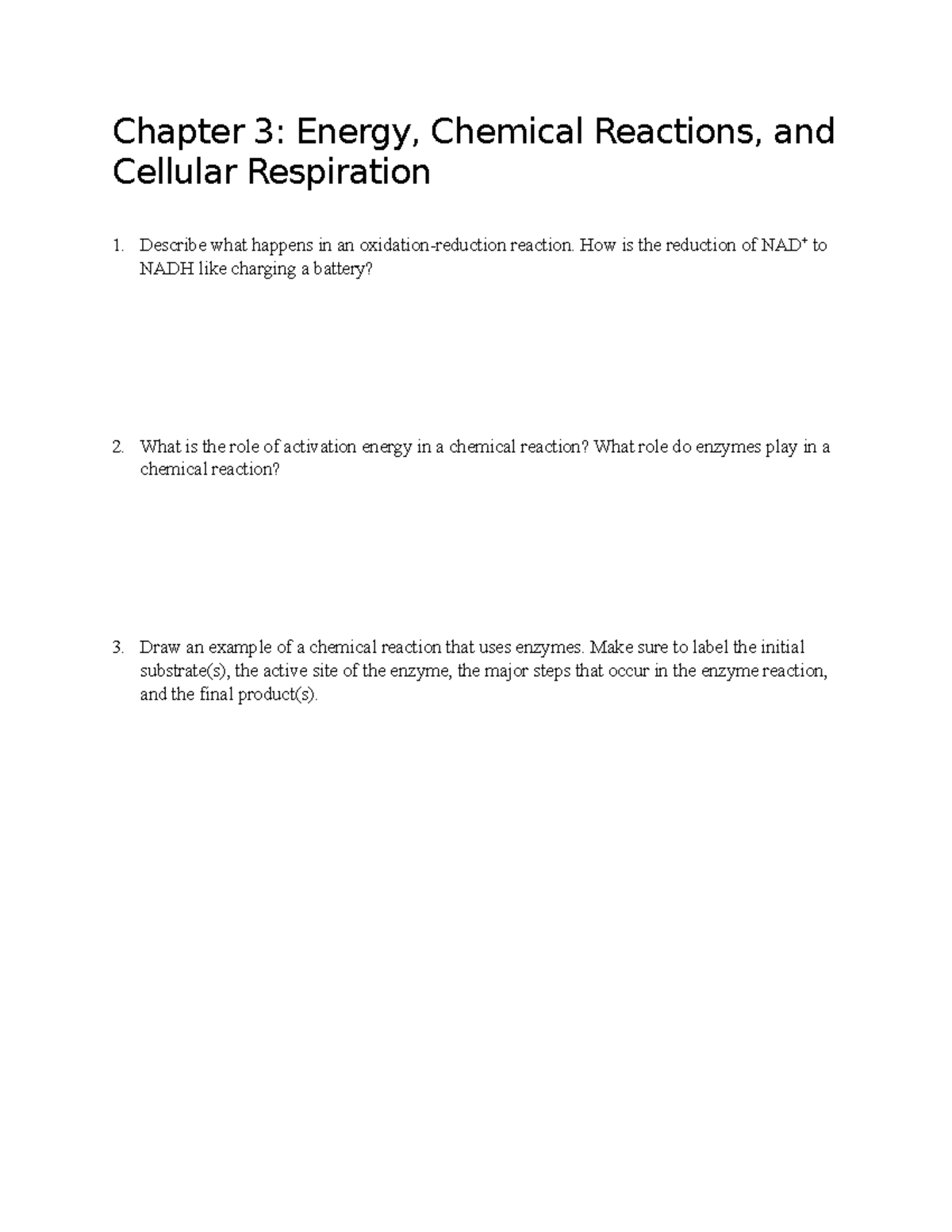 Chapter 3 Worksheet: Energy, Reactions & Cellular Respiration - Studocu