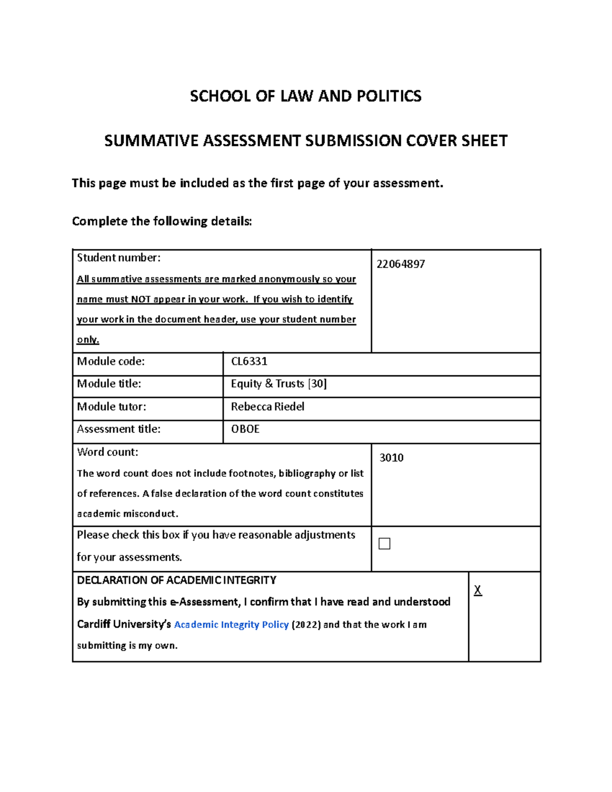CL6331 Summative Assessment Submission Cover Sheet & Guidance - Studocu