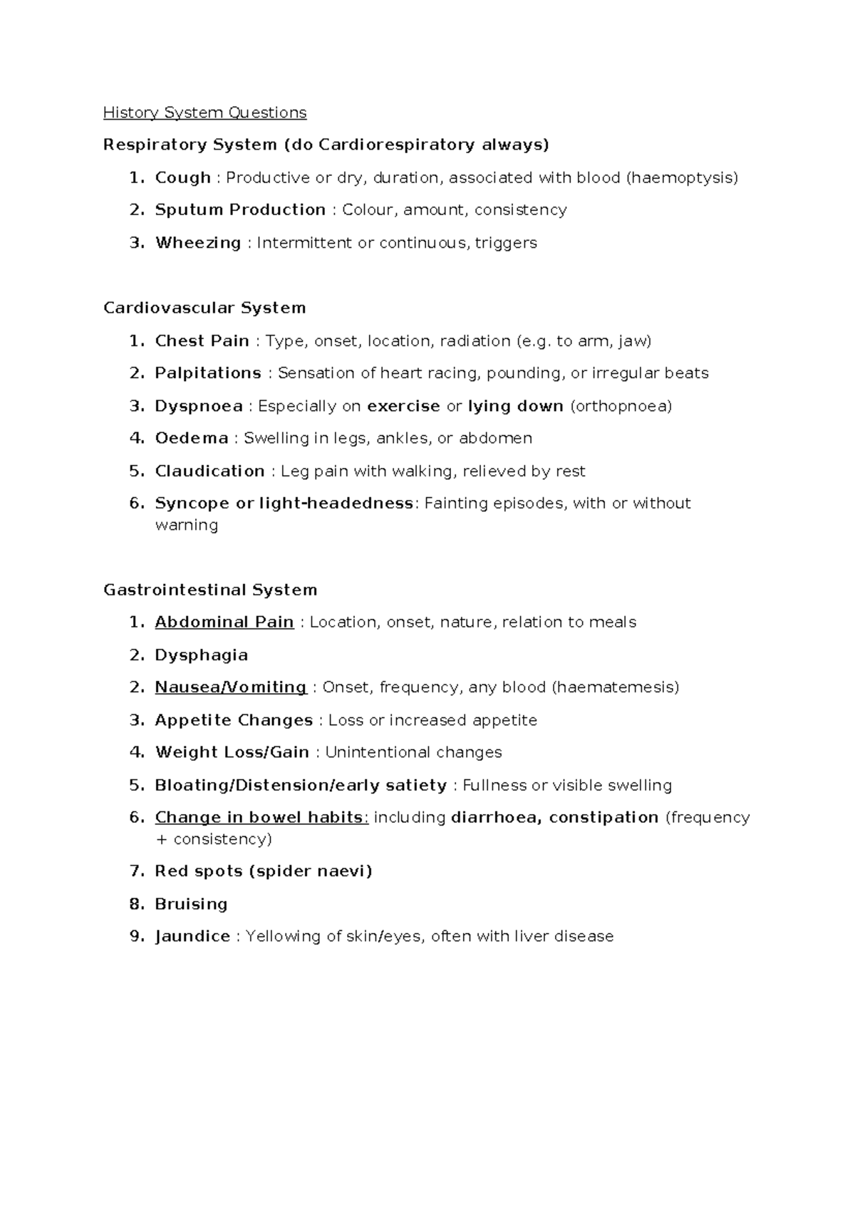 History System Questions: Comprehensive Review for Clinical Assessment ...