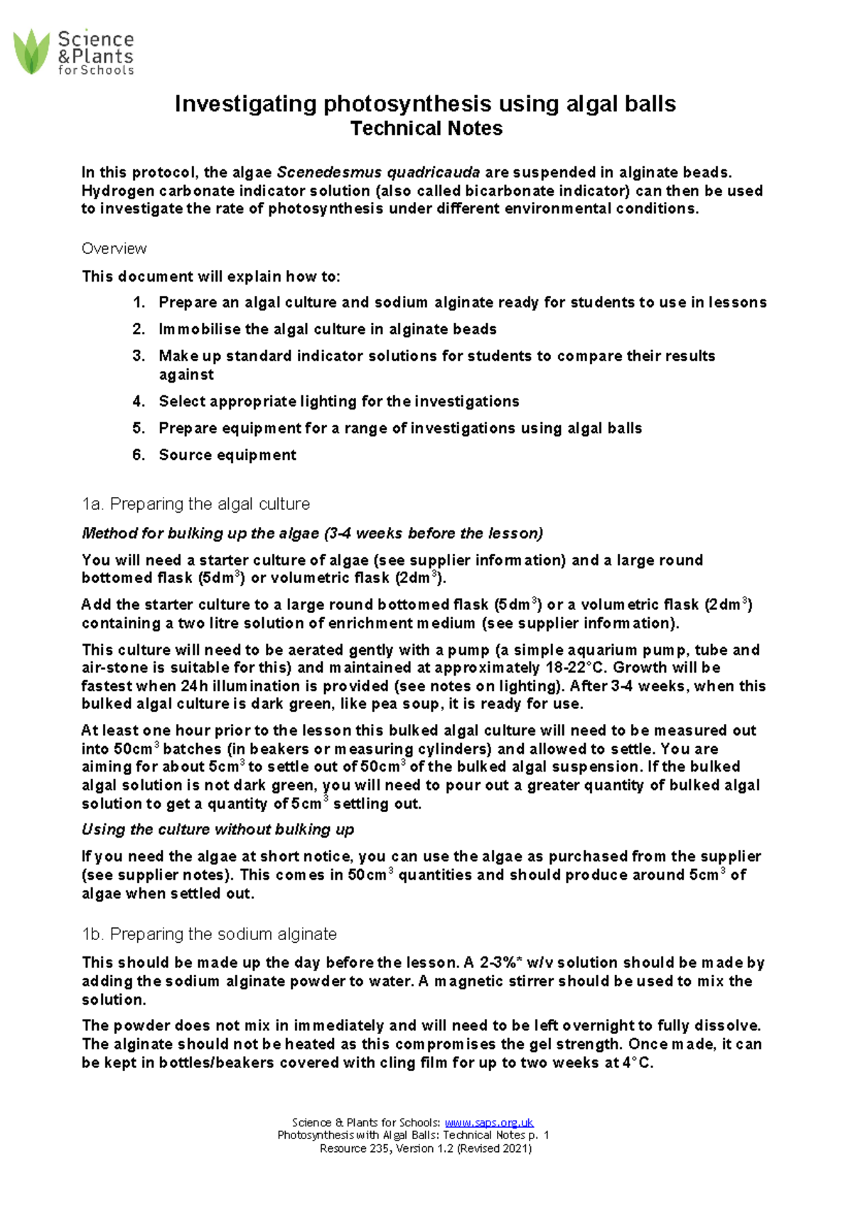SAPS-Photosynthesis-Algal-Balls-Experiment-Technical-Guide - Studocu