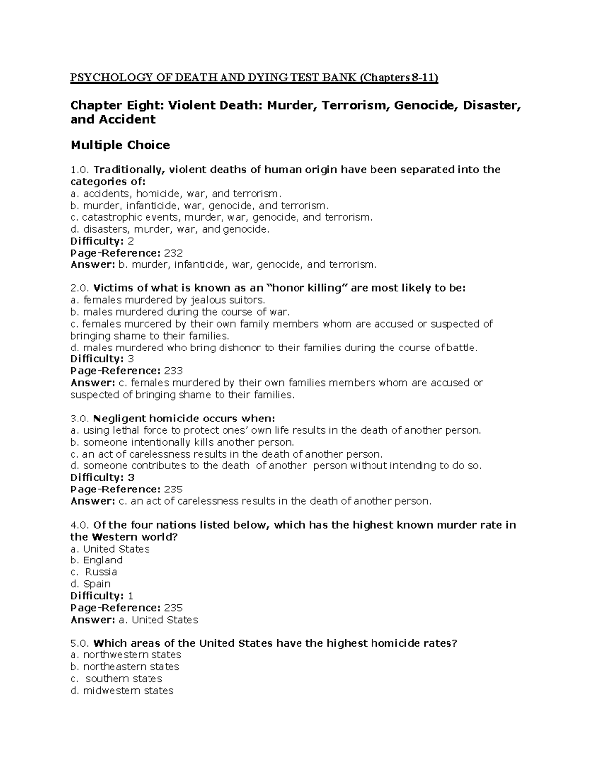 Psychology OF Death AND Dying TEST BANK Chapters 8-11 - Psyc3570 - U of ...