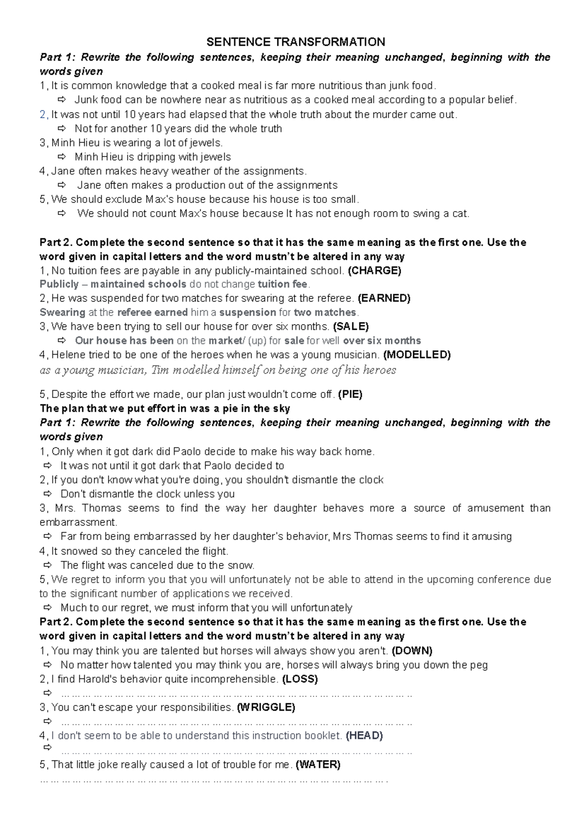 Sentence Transformation Exercises (Rewrite & Complete) - Studocu