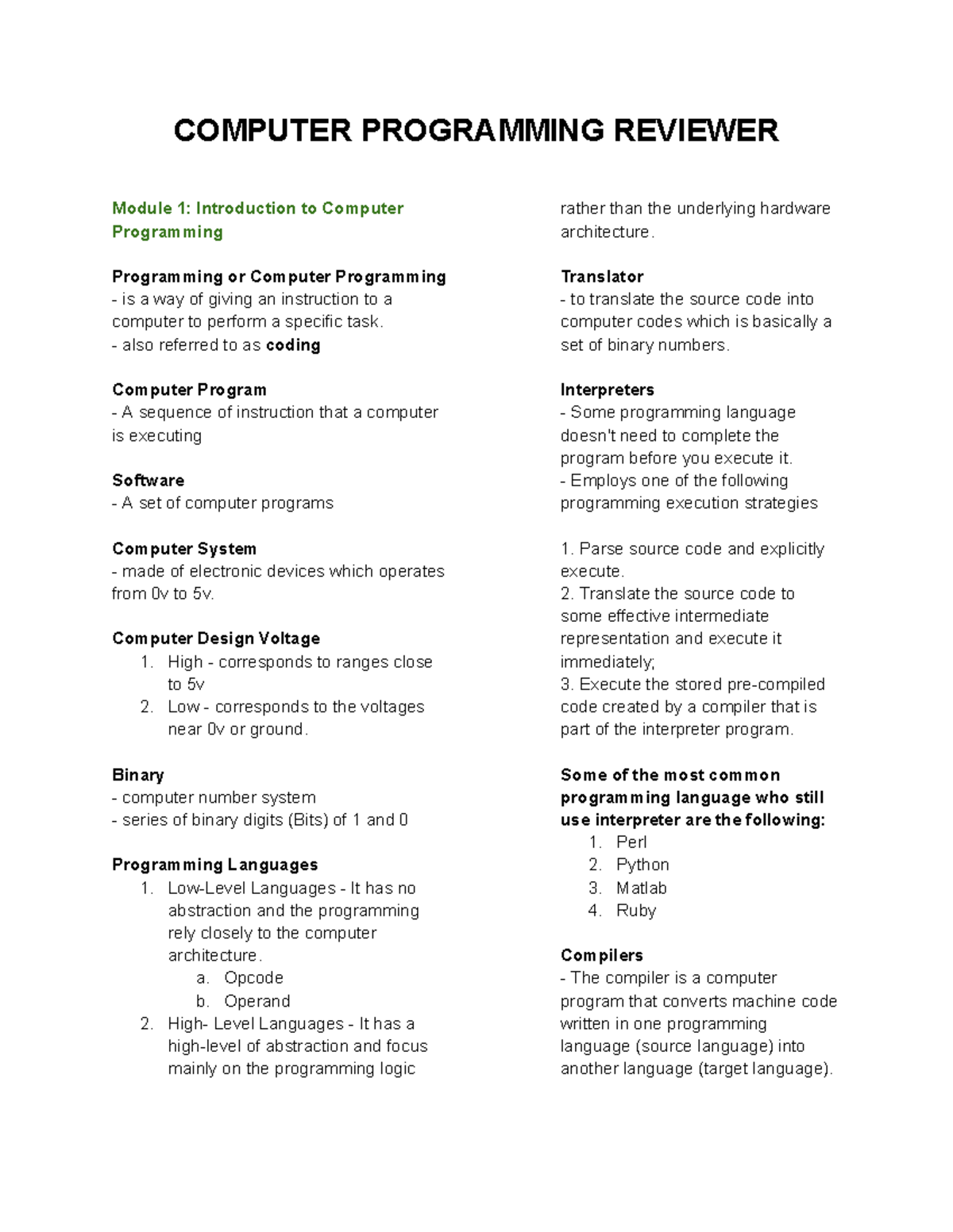 Computer Programming Midterms Reviewer Computer Programming Reviewer Module 1 Introduction To