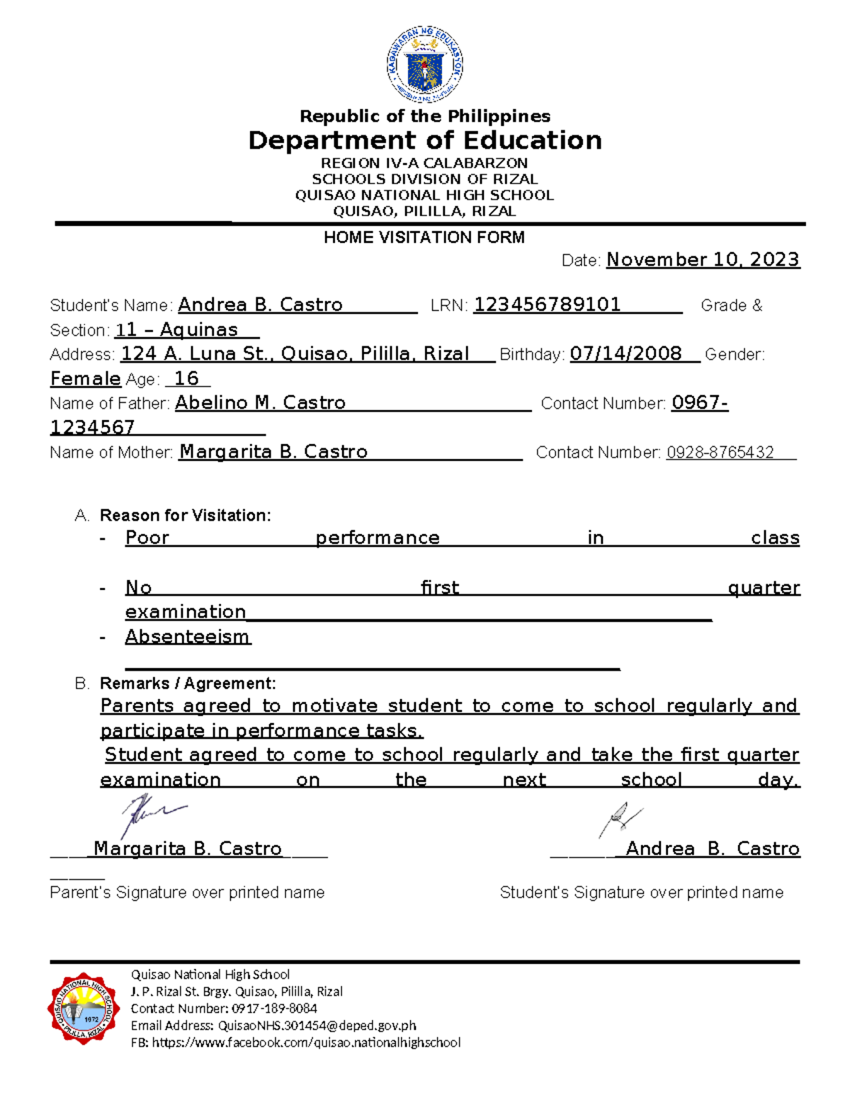 Home Visitation Form for Student Andrea B. Castro - Obj 12 - Studocu