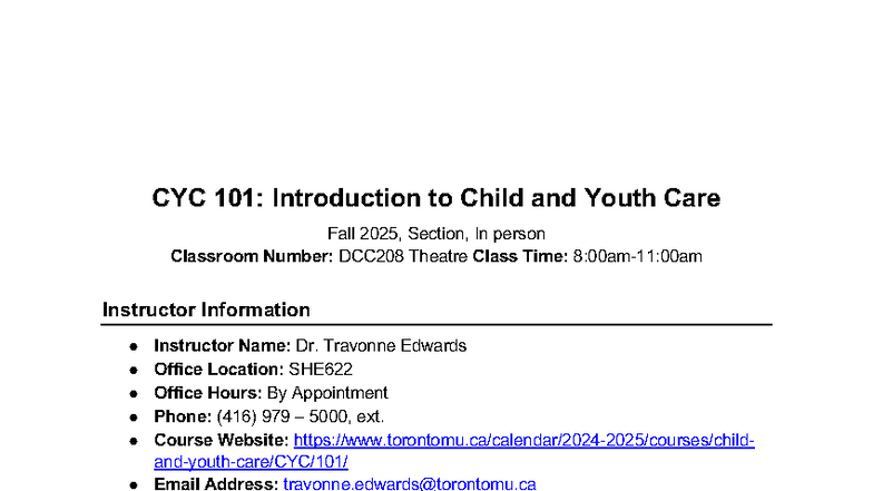 CYC 101: Introduction to Child and Youth Care Fall 2025 Course Overview ...