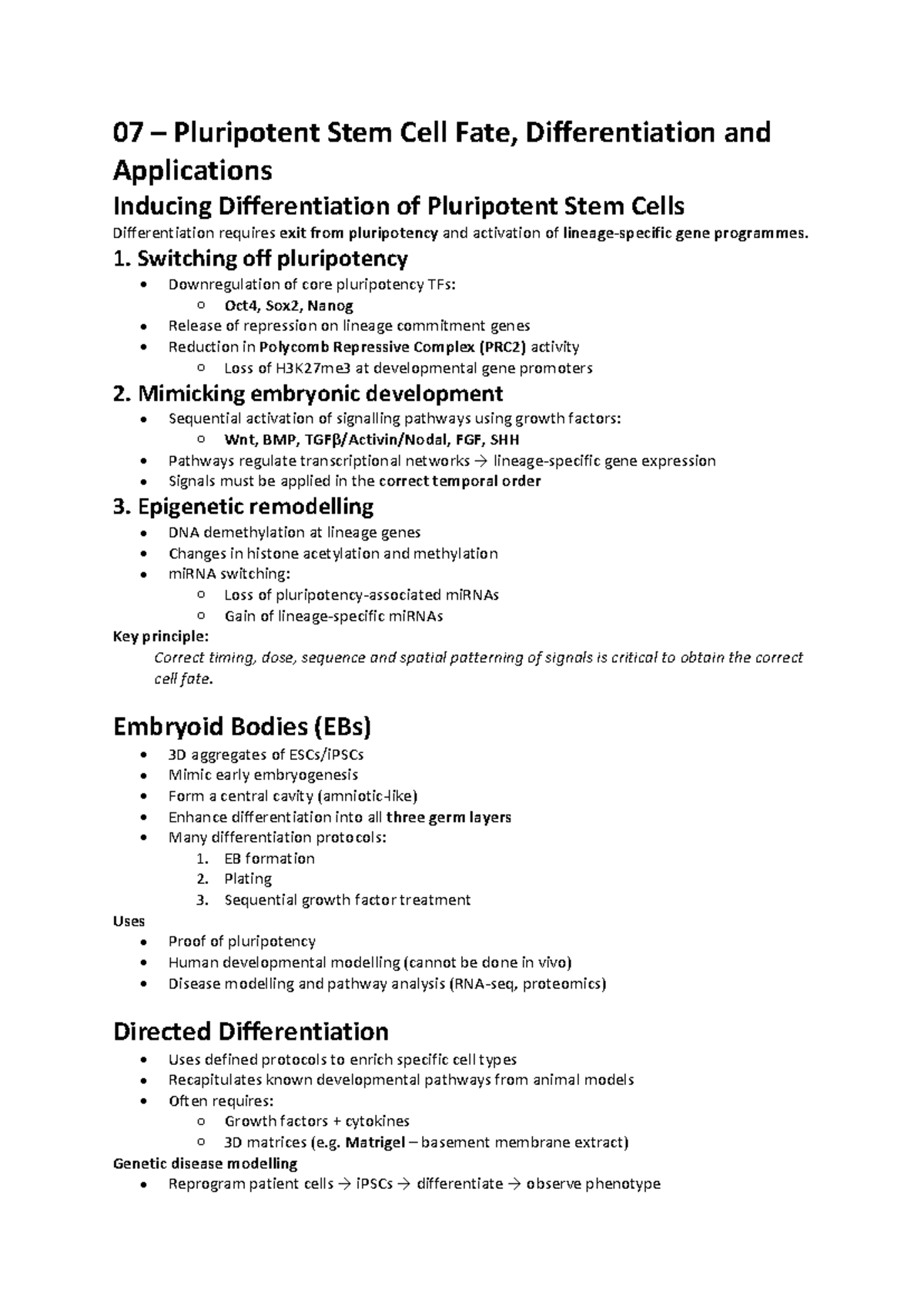 Lecture 7: Pluripotent Stem Cell Fate, Differentiation & Applications ...