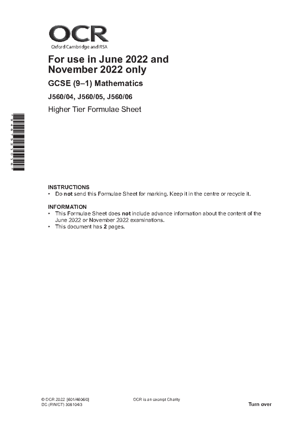 OCR GCSE Higher Tier Formula Sheet for June & Nov 2022 Exams - Studocu