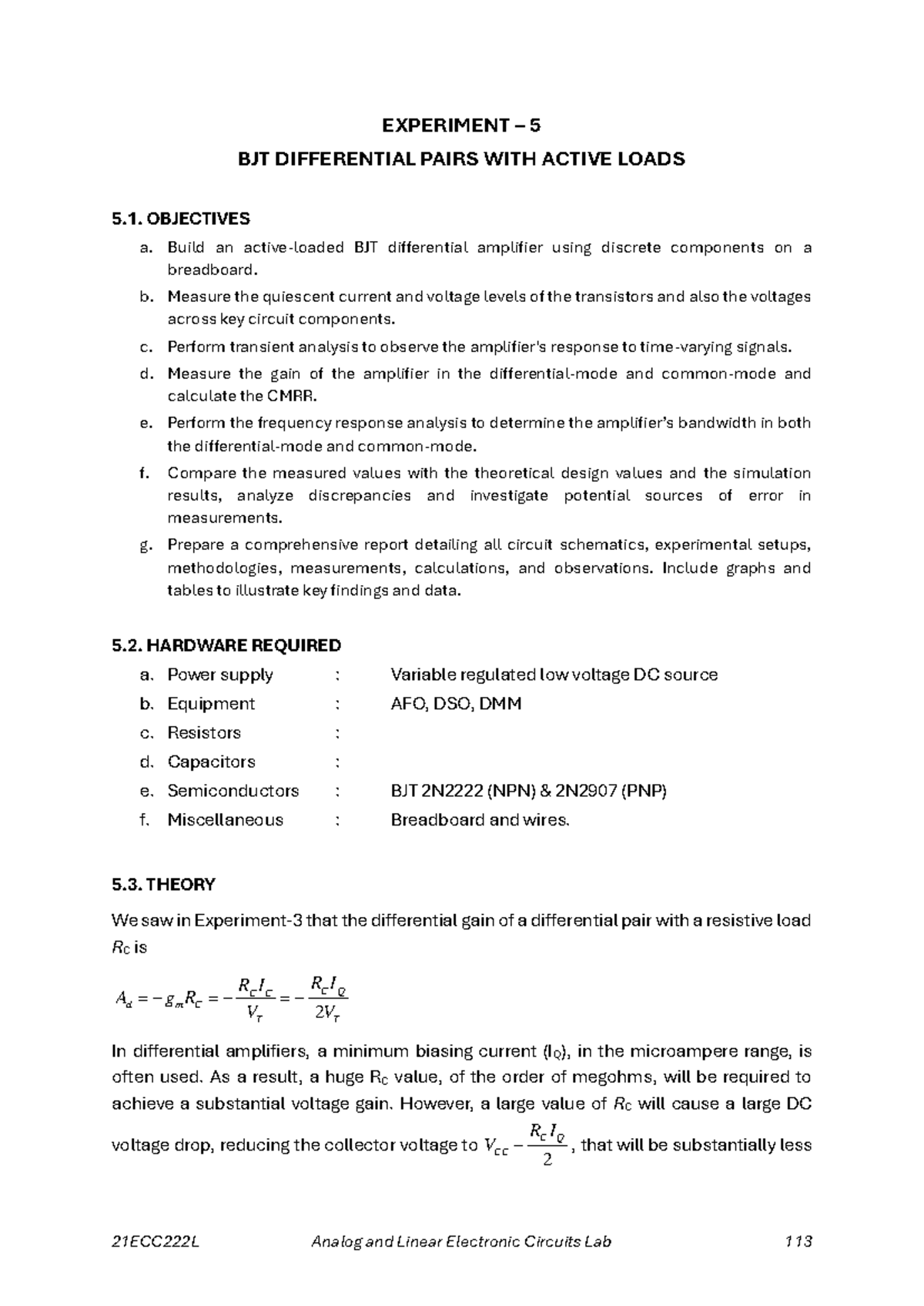 BJT Differential Amplifier with Active Loads - Lab Report (ECE 113 ...