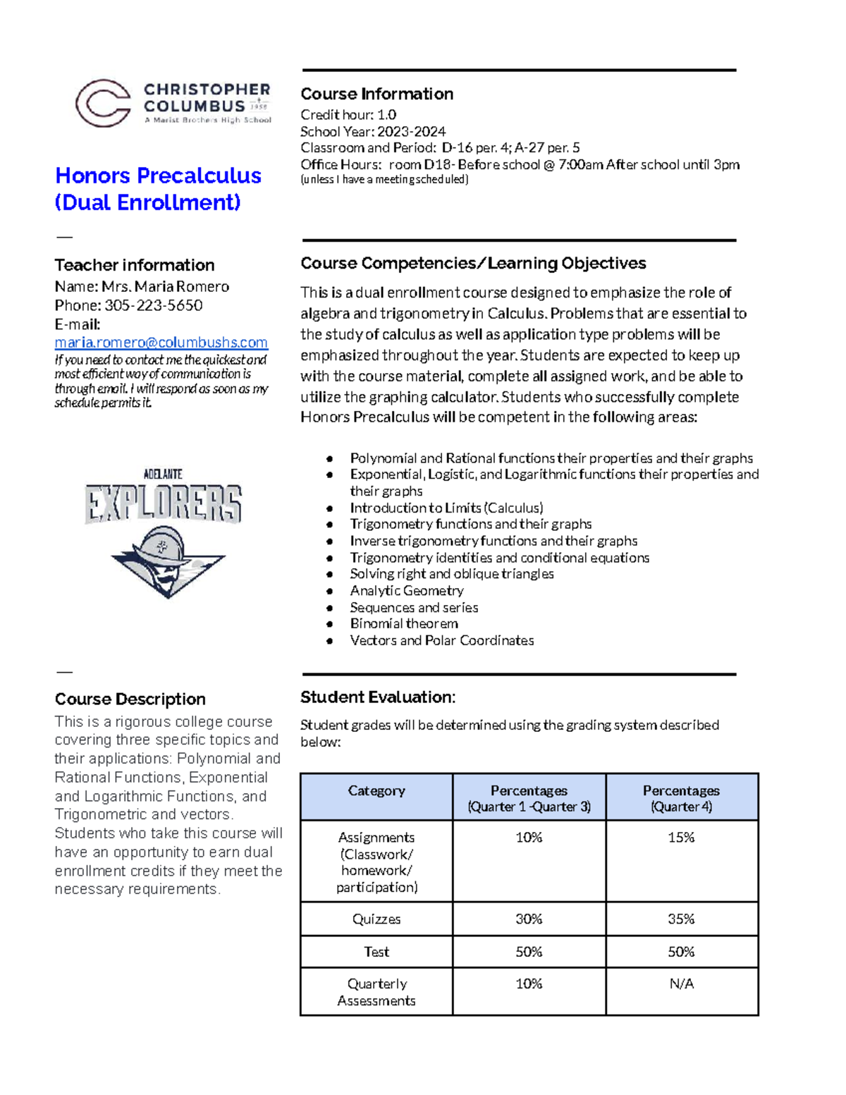 Honors Precalculus Syllabus (Dual Enrollment) - Course Overview ...