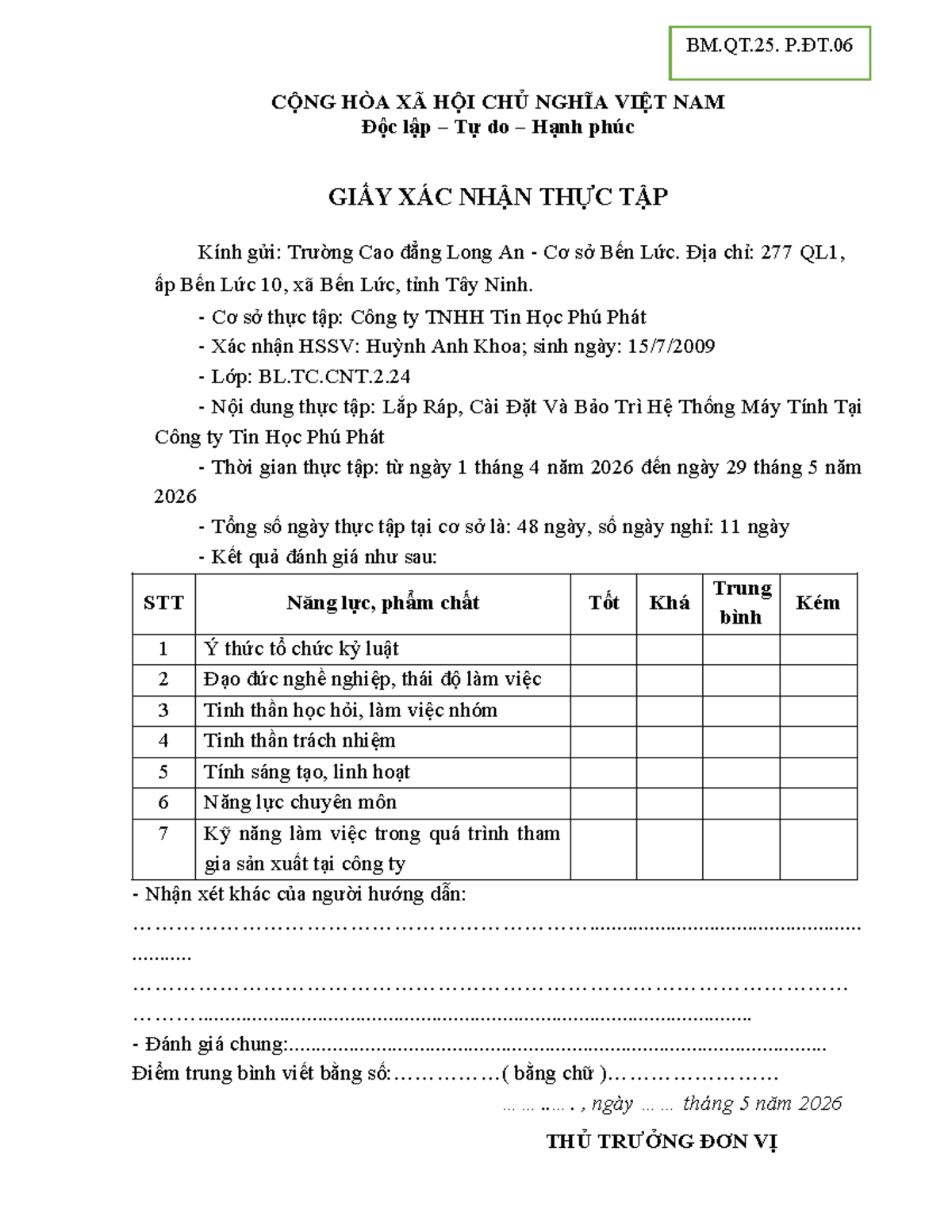 BM.QT.25 P.ĐT.06 ĐÁNH GIÁ KẾT QUẢ THỰC TẬP CỦA HUỲNH ANH - Studocu