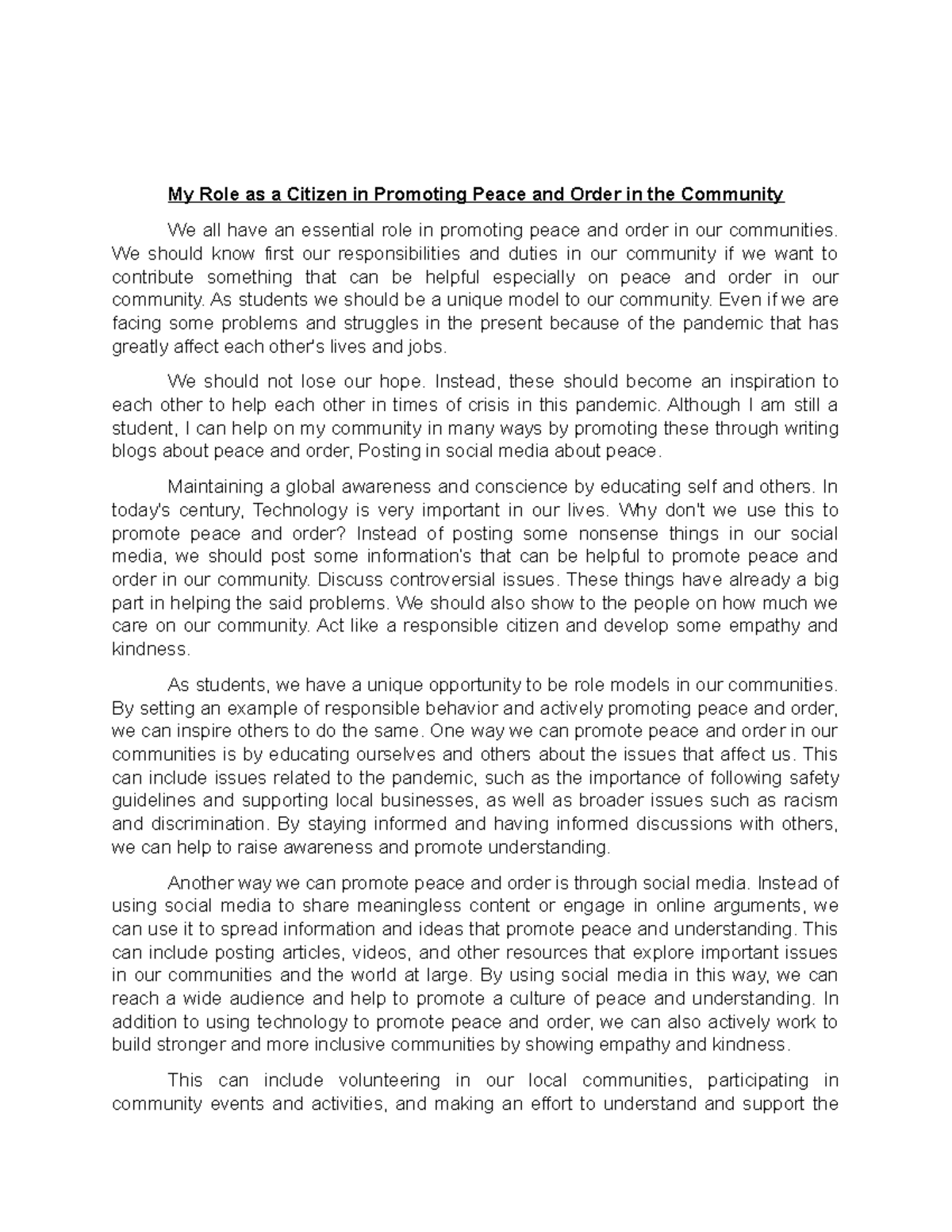 Promoting Peace and Order: A Student's Role in the Community - Studocu