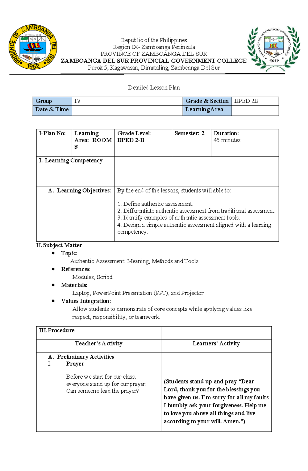 Detailed Lesson Plan on Authentic Assessment for BPED 2B - Studocu