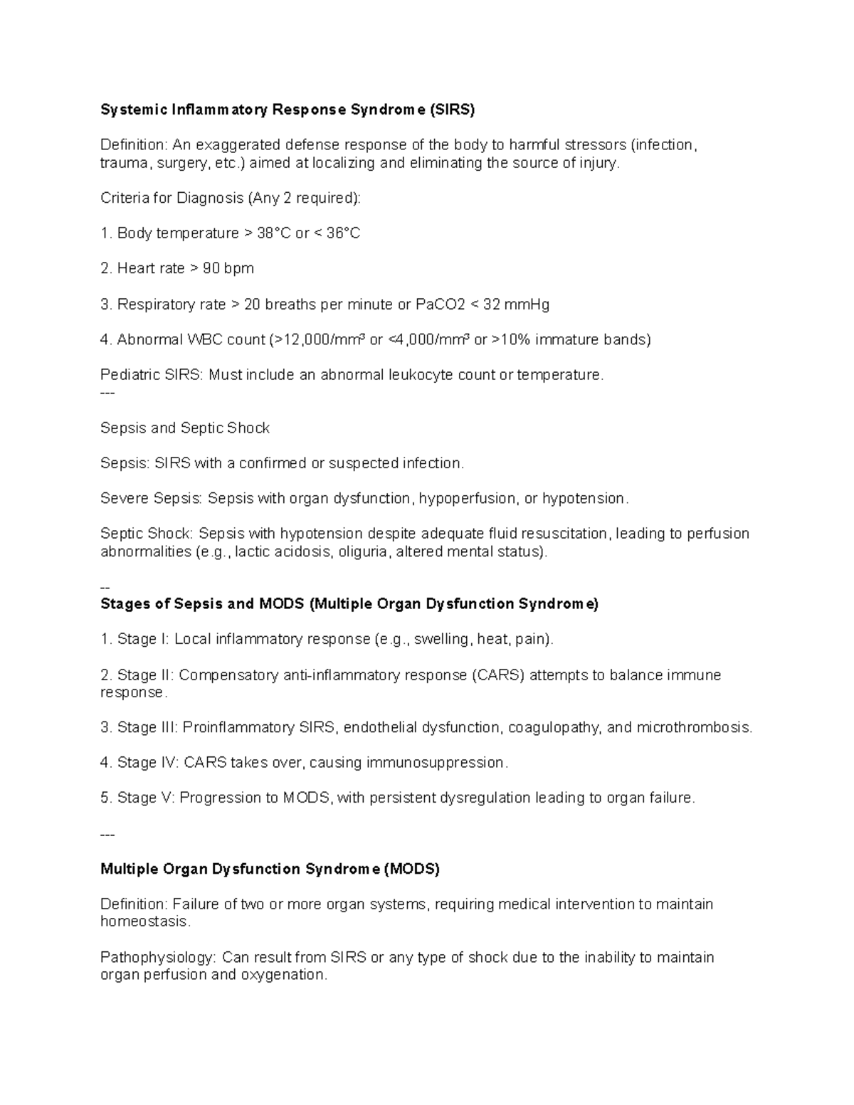 SIRS and MODS Overview: Definitions, Diagnosis, and Management - Studocu