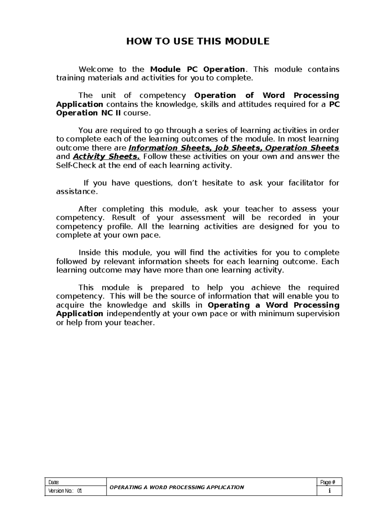 PC Operation NC II: Module 1 - Operating a Word Processing Application - Studocu