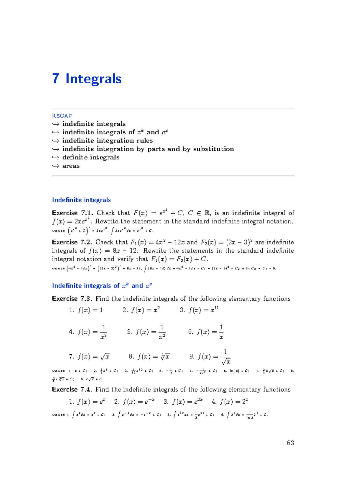 7 Integrals - Indefinite and Definite Integration Exercises - Studocu