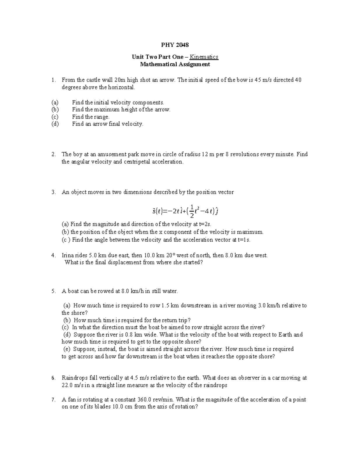 PHY 2048 Unit 2 Kinematics Mathematical Assignment 1 - Studocu