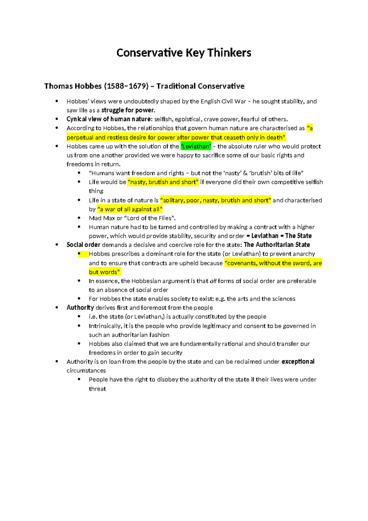 Key Conservative Thinkers: Insights from Hobbes, Burke & Nozick - Studocu